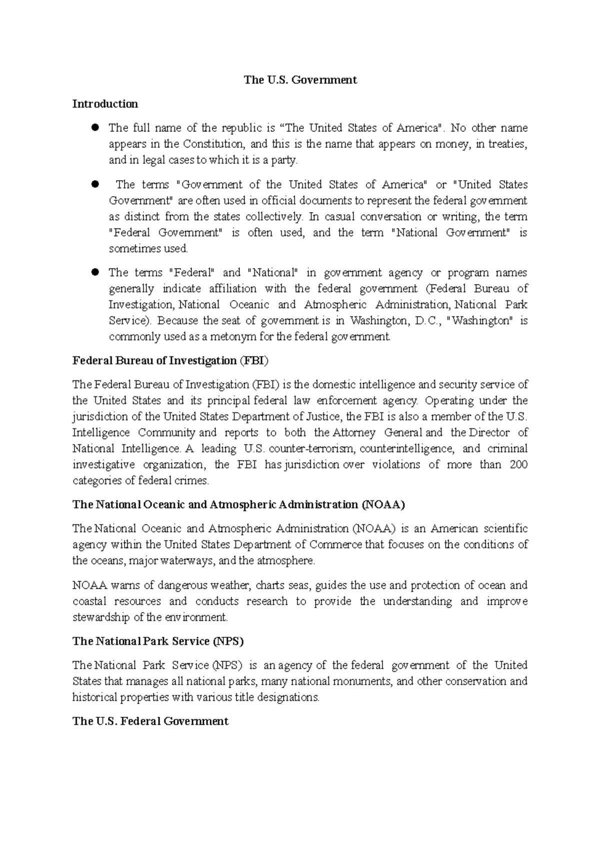 The U.S. Government - The U. Government Introduction The full name of ...