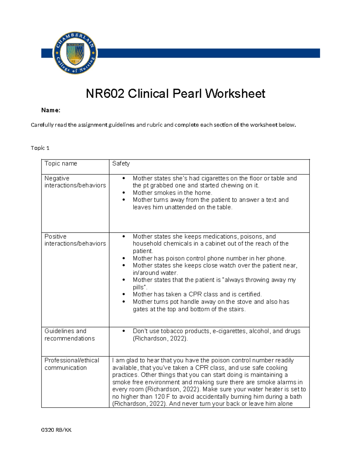 Week 2 Clinical Pearls - NR602 Clinical Pearl Worksheet Name: Carefully ...
