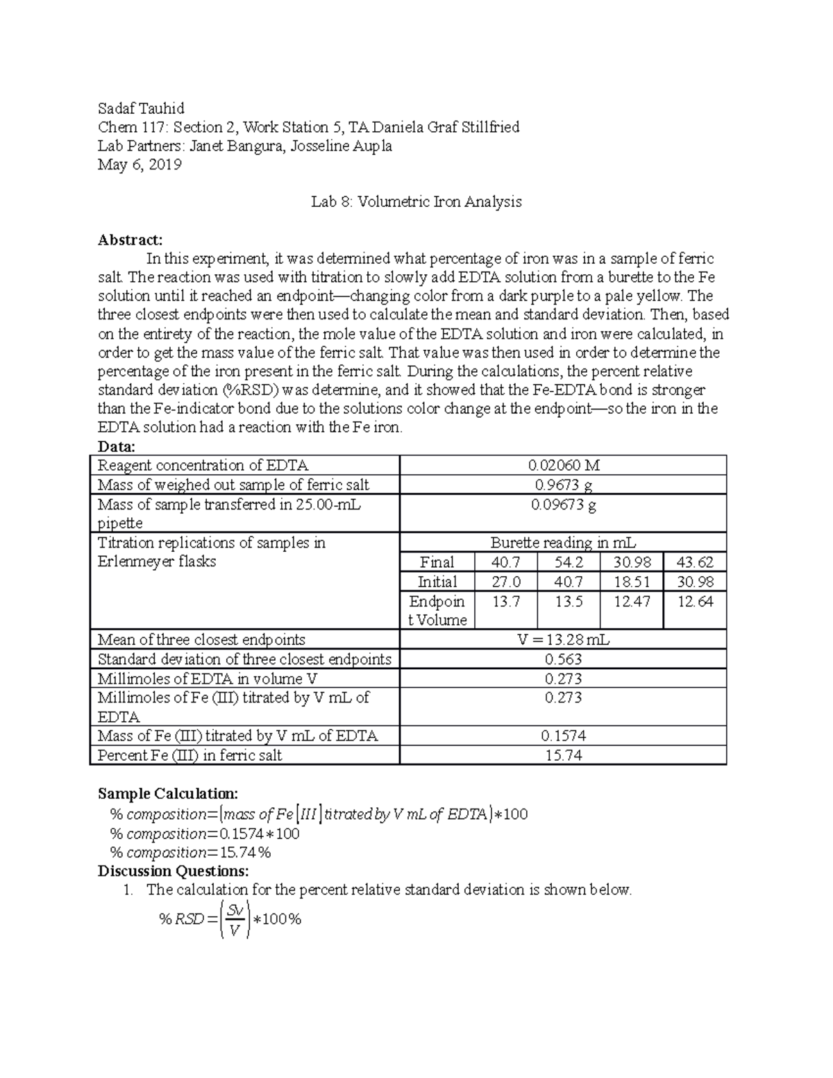 CHEM 117 Lab 8 - Lab Report on Volumetric Iron Analysis - Sadaf Tauhid ...