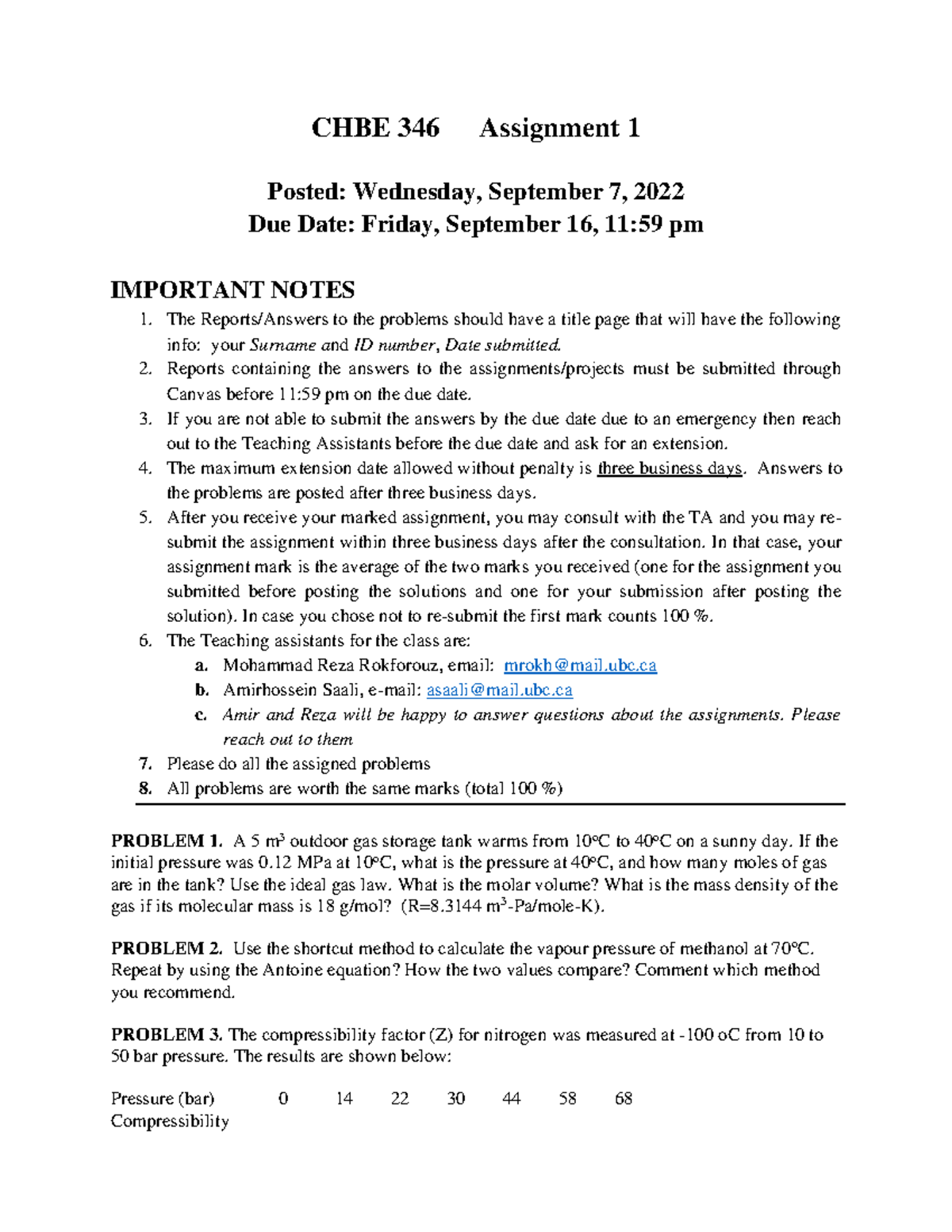 A1 posted - Assignment 1 2022 - CHBE 346 Assignment 1 Posted: Wednesday ...