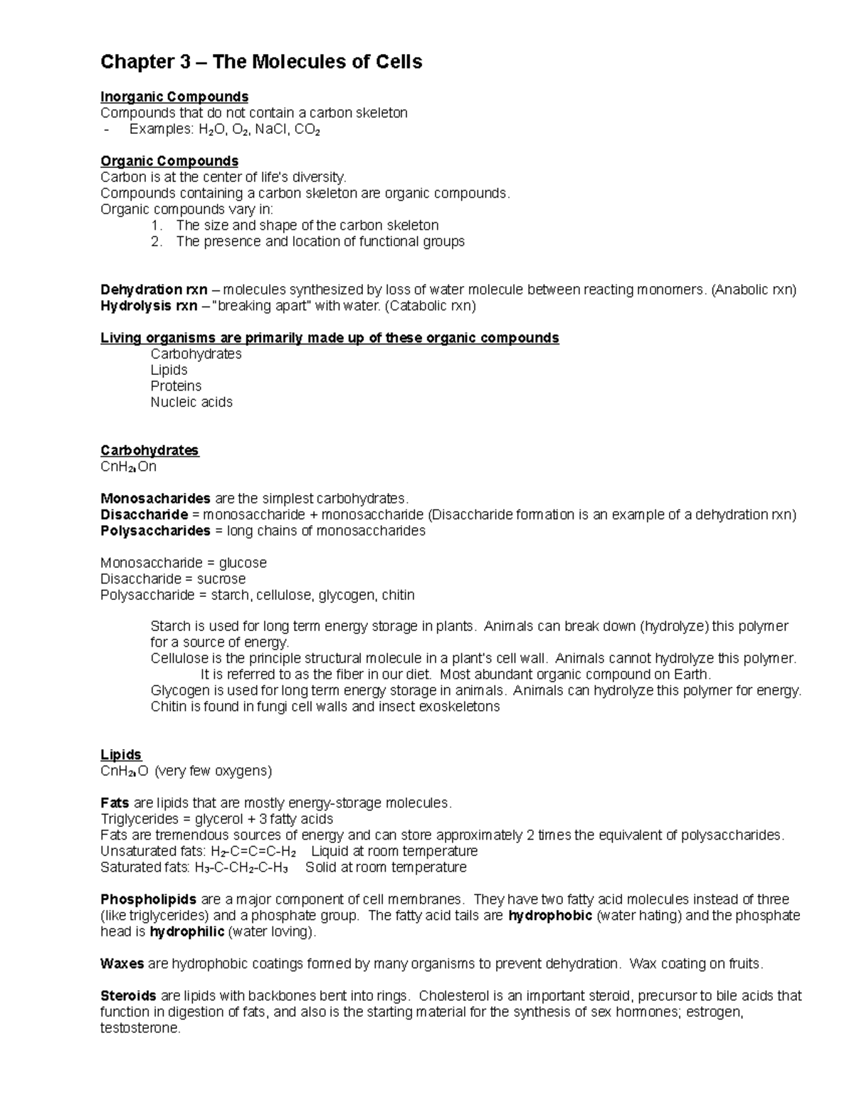 Chapter 3 Biology Notes - Chapter 3 – The Molecules of Cells Inorganic ...