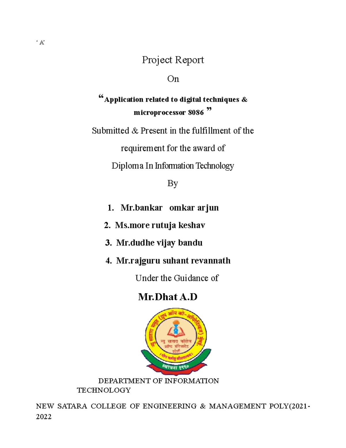 DT project ob - ‘ A’ Project Report On “Application related to digital ...