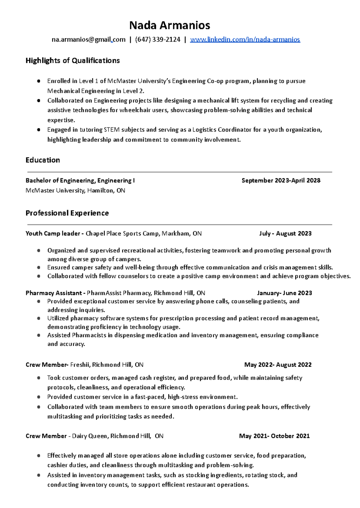 Engineering Resume - Nada Armanios na@gmail | (647) 339-2124 | linkedin/in/nada-armanios ...