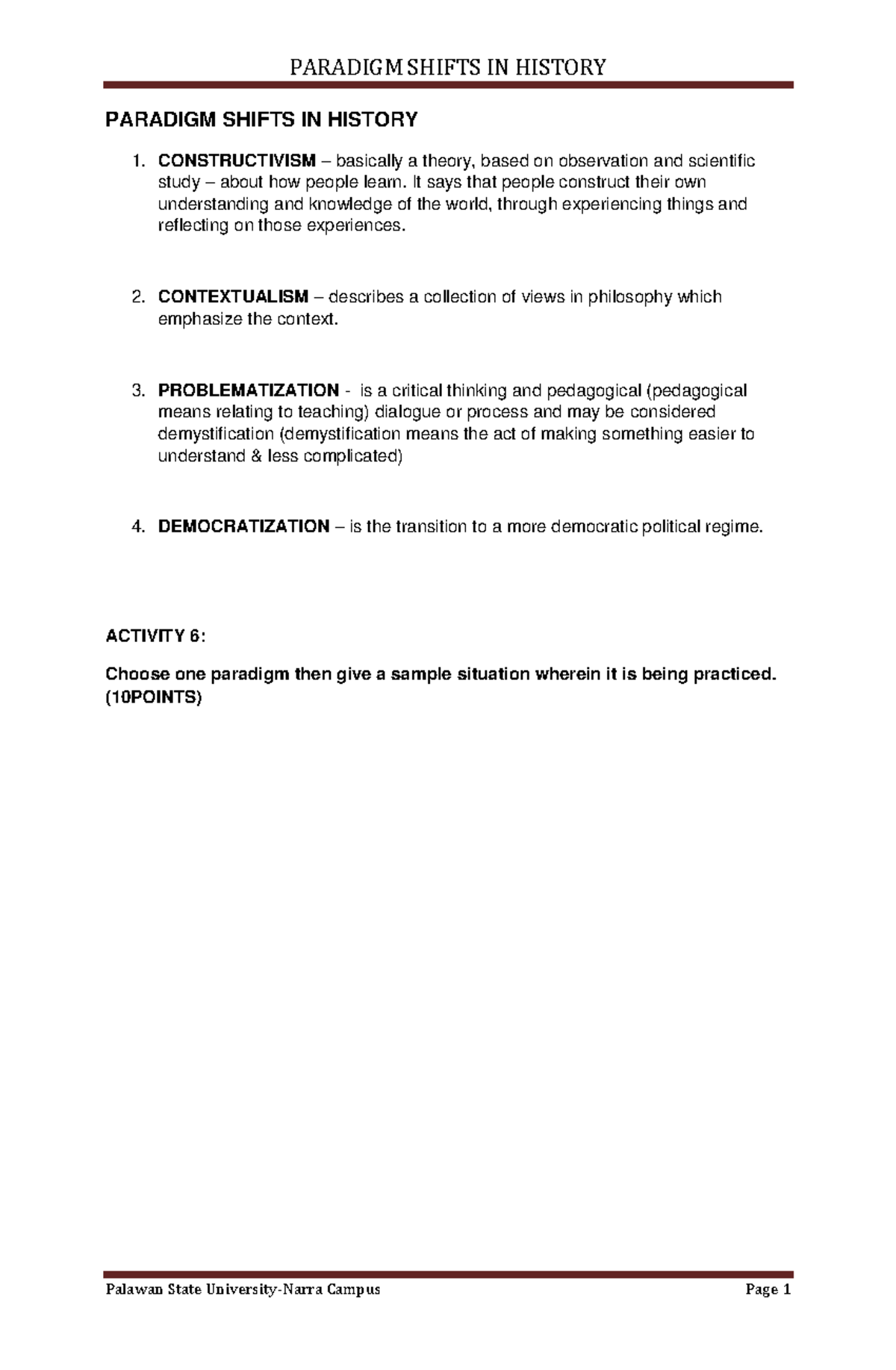 Paradigm Shift in History - PARADIGM SHIFTS IN HISTORY Palawan State ...