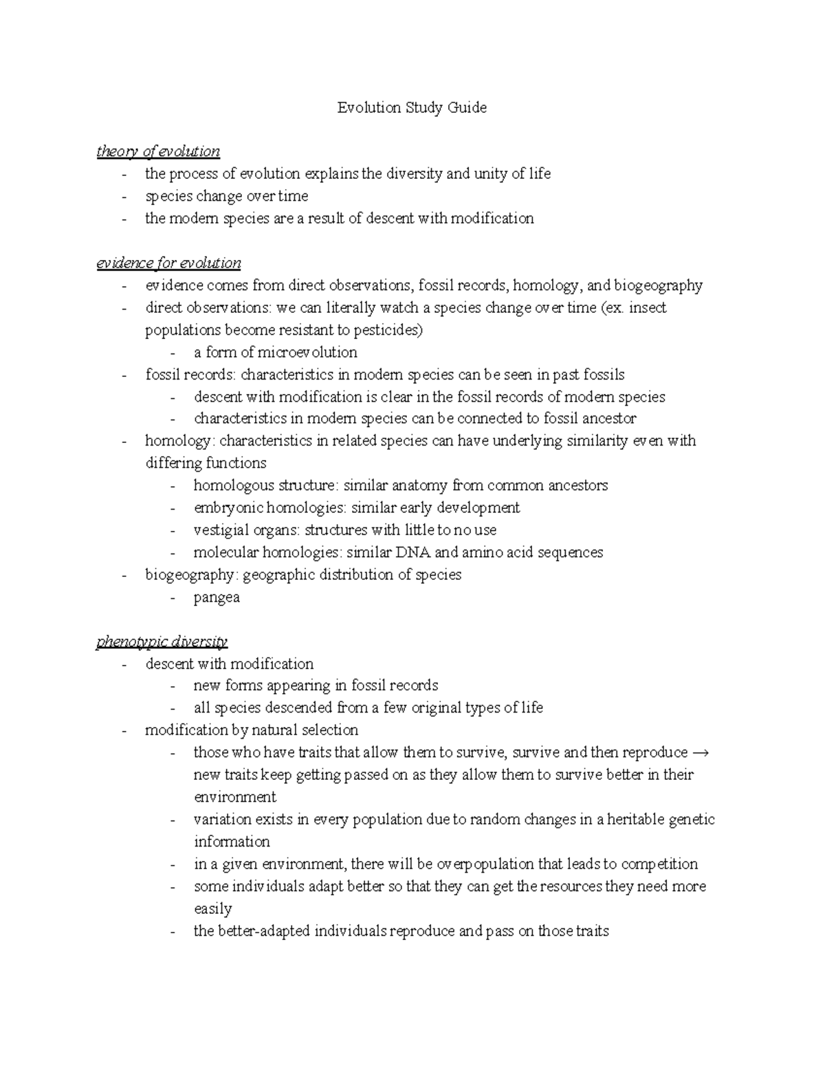 Evolution Study Guide - Evolution Study Guide theory of evolution - the ...