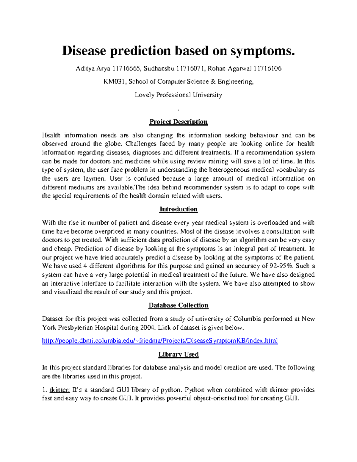 Project Report - Disease Prediction System - Disease prediction based ...