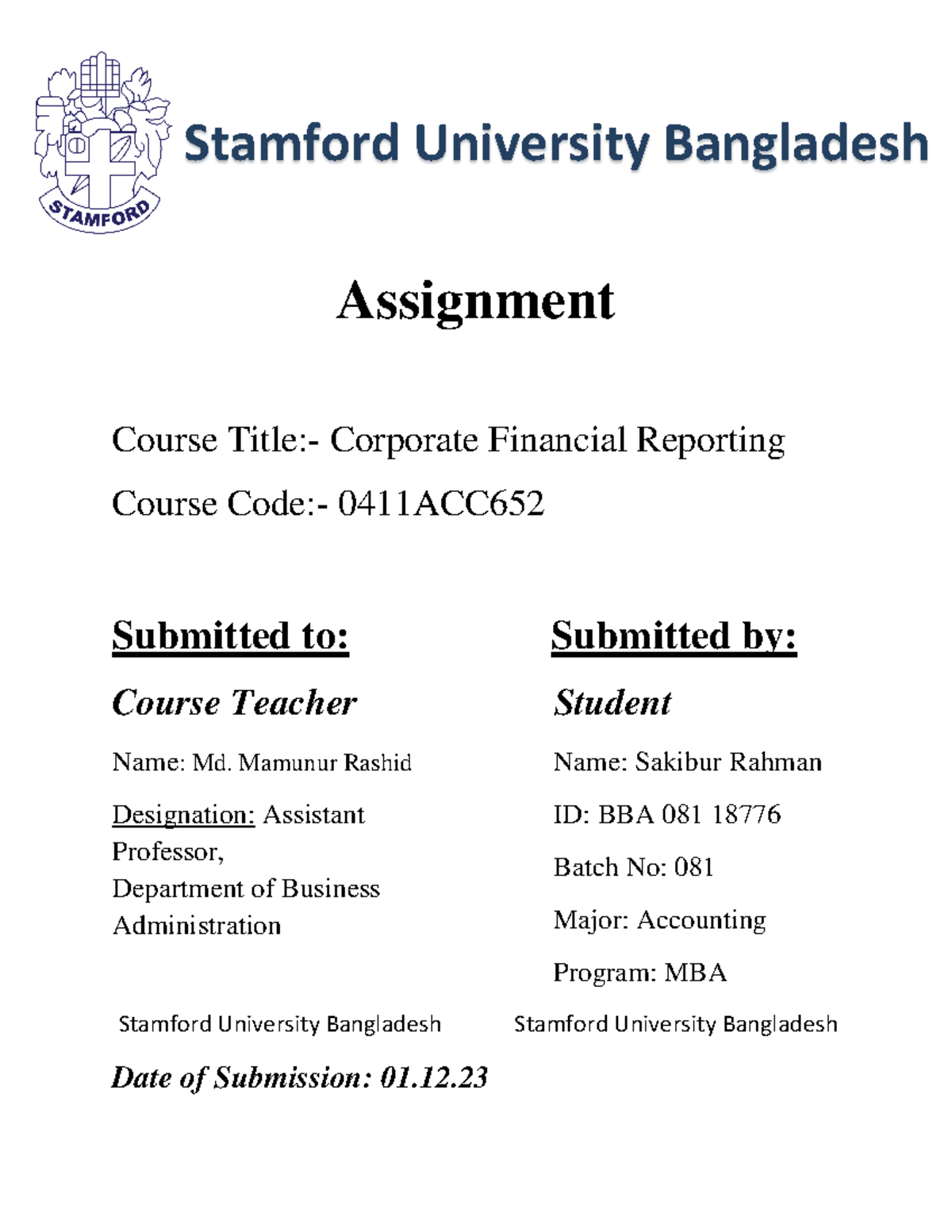 CFR Assignment - Good - Stamford University Bangladesh Assignment Course Title:- Corporate ...