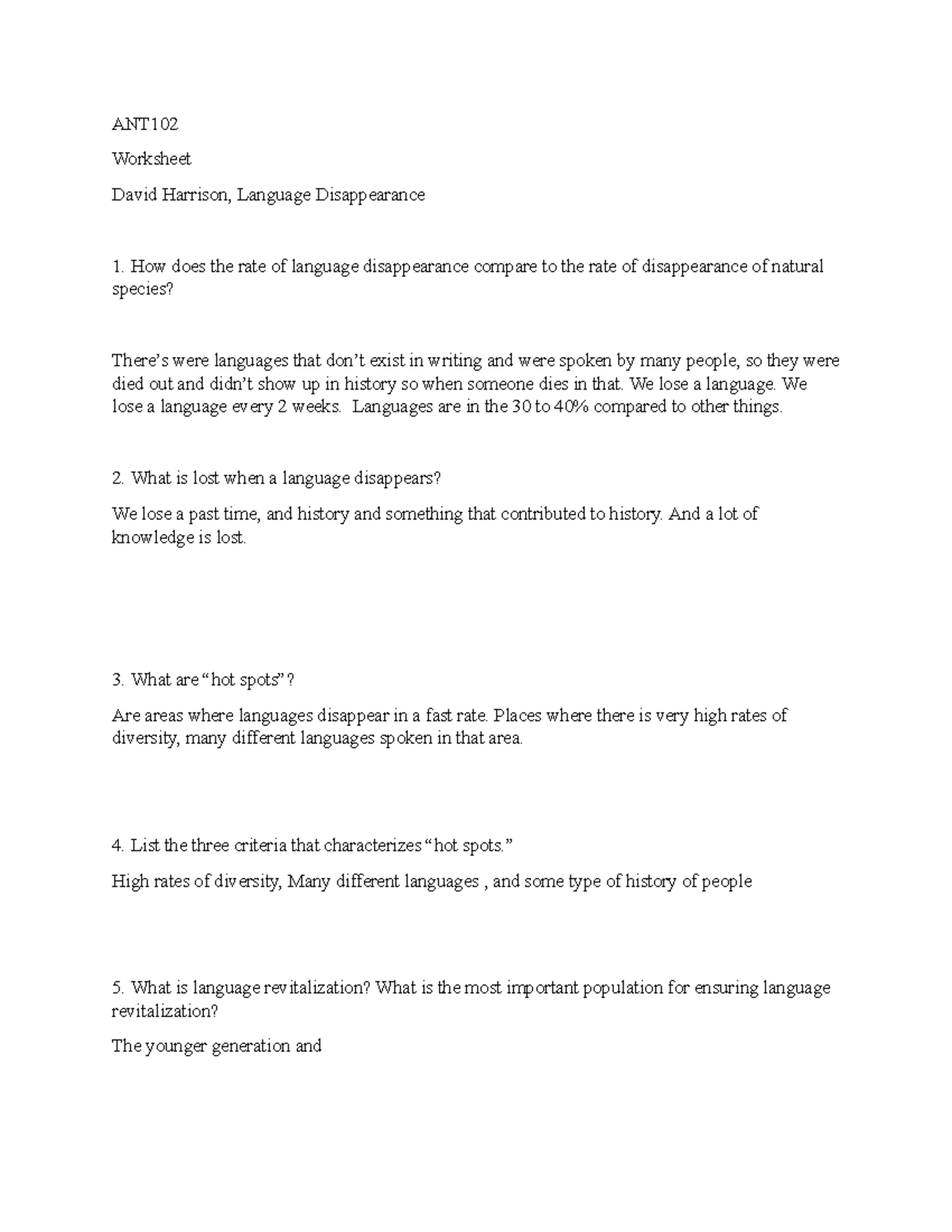 Wks David Harrison, Language Extinction 3 - ANT Worksheet David ...