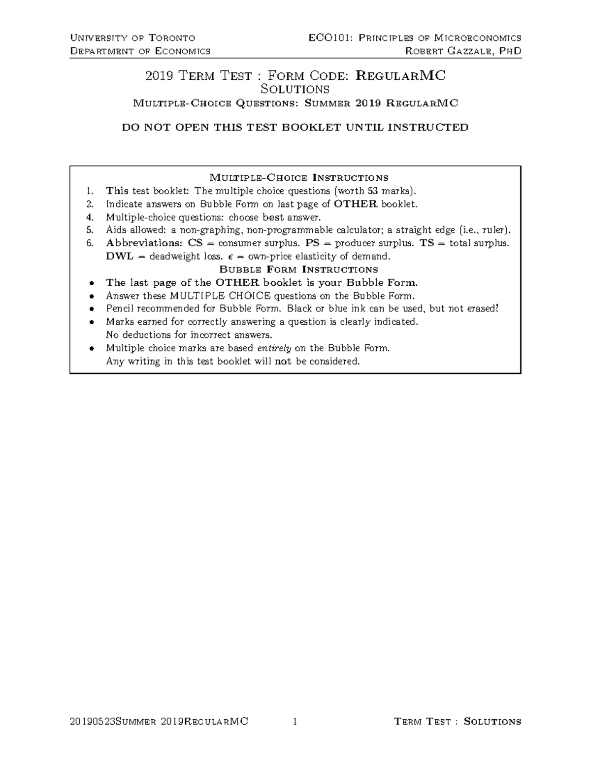 ECO101 - Midterm 2019 Summer Solution (MCQ) - Department of Economics ...