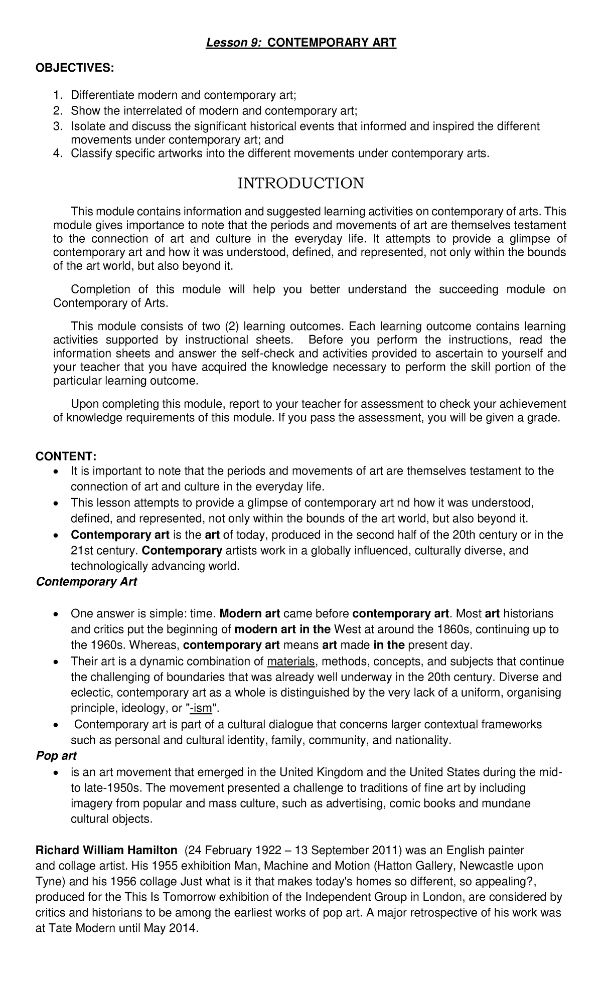Lesson 9 Contemporary ART final - Lesson 9: CONTEMPORARY ART OBJECTIVES ...