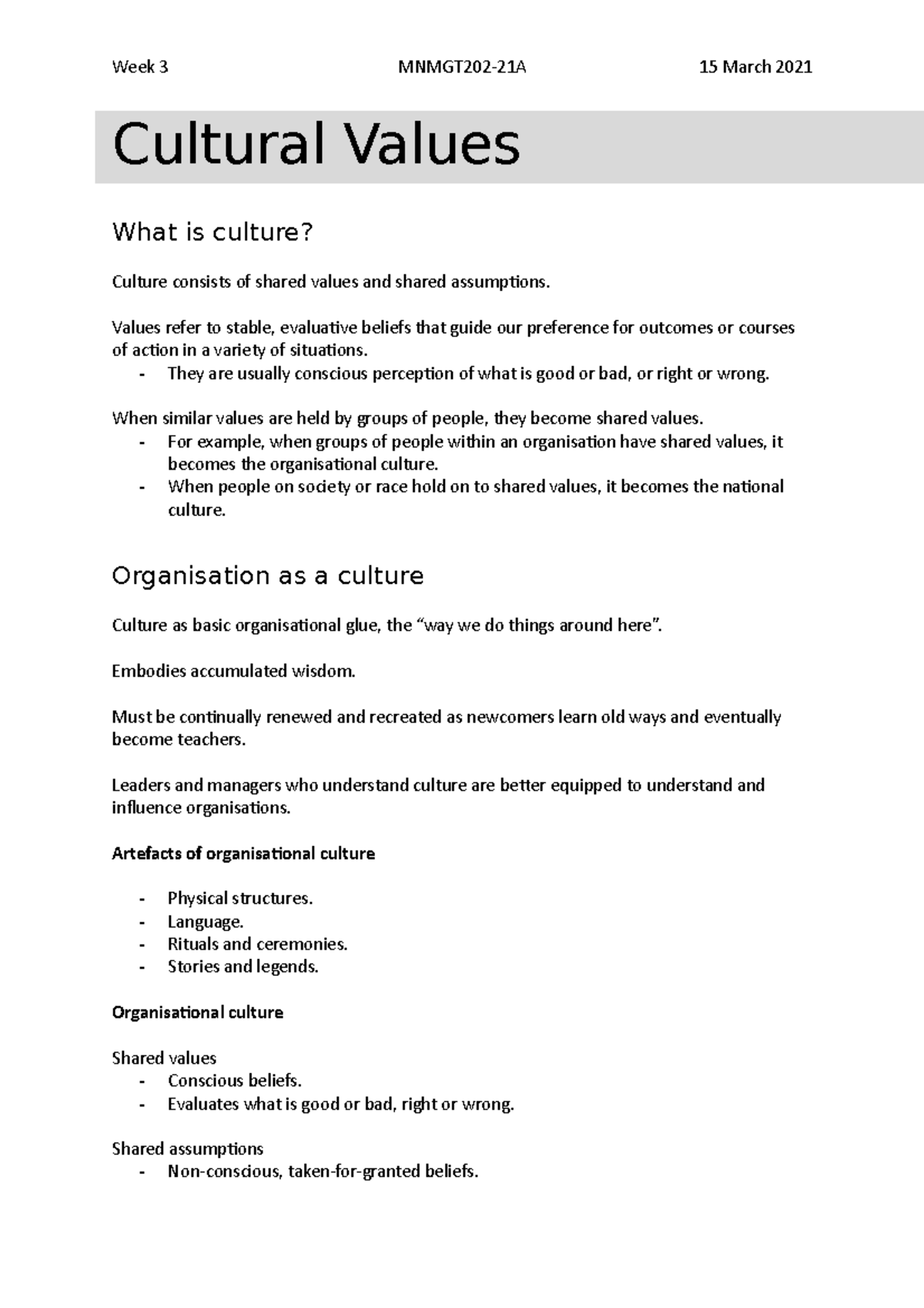 Cultural Values - Lecture notes 3 - Cultural Values What is culture ...