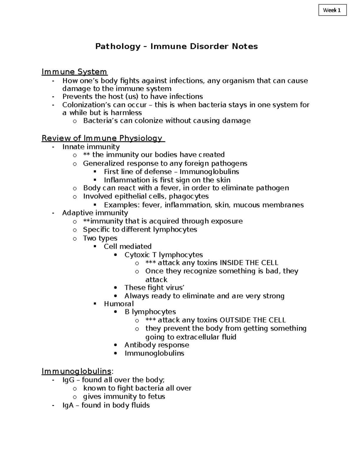 Notes . Test 2 - Immune Disorder - Pathology – Immune Disorder Notes ...