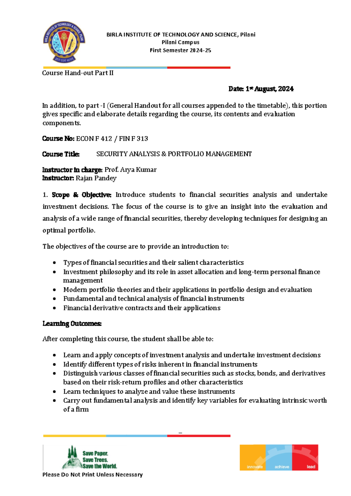 Sapm handout - Pilani Campus First Semester 2024- 25 _ Course Hand-out Part II Date: 1 st August ...