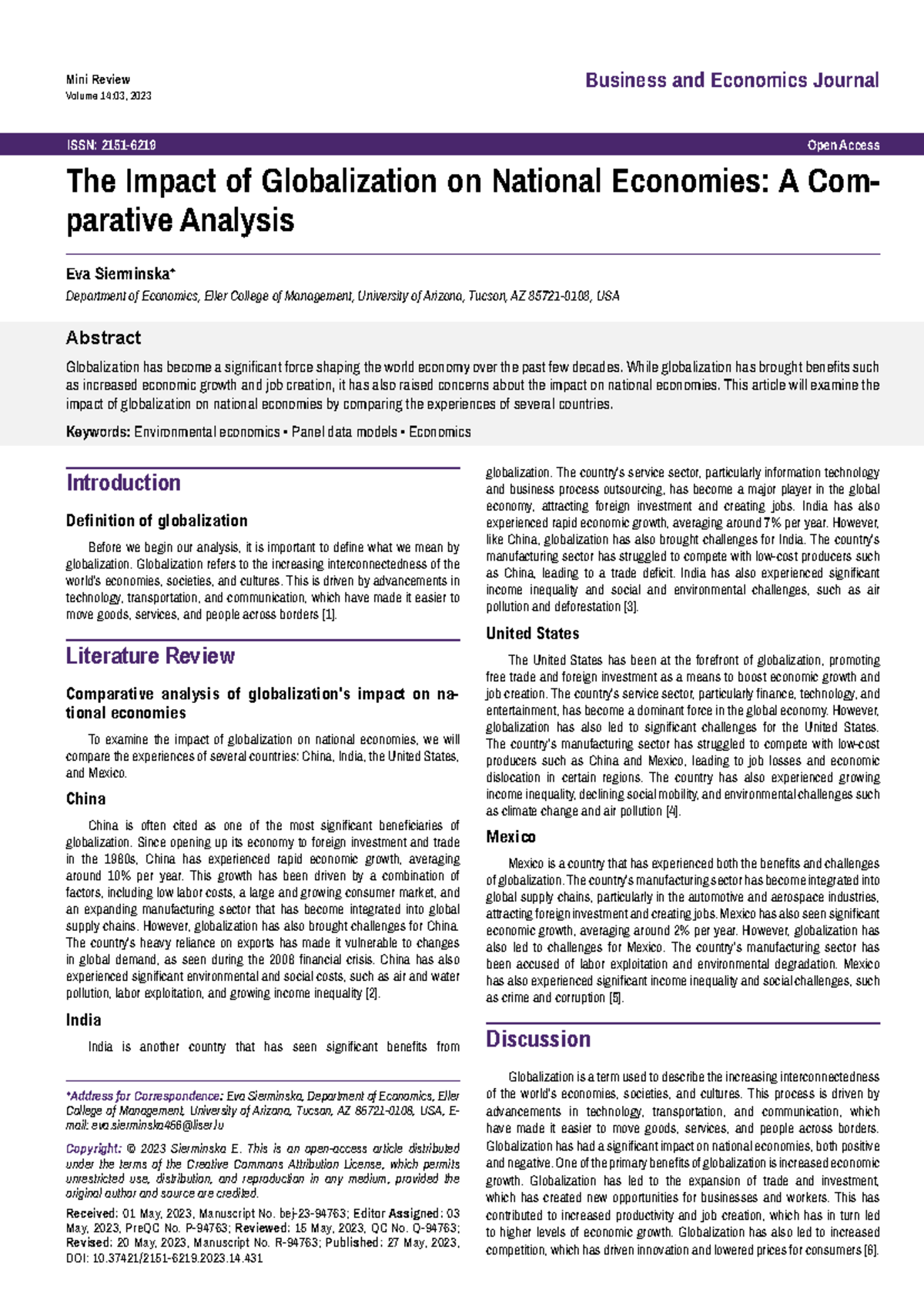 The impact of globalization on national economies a comparative analysis - ISSN: 2151-6219 Open ...