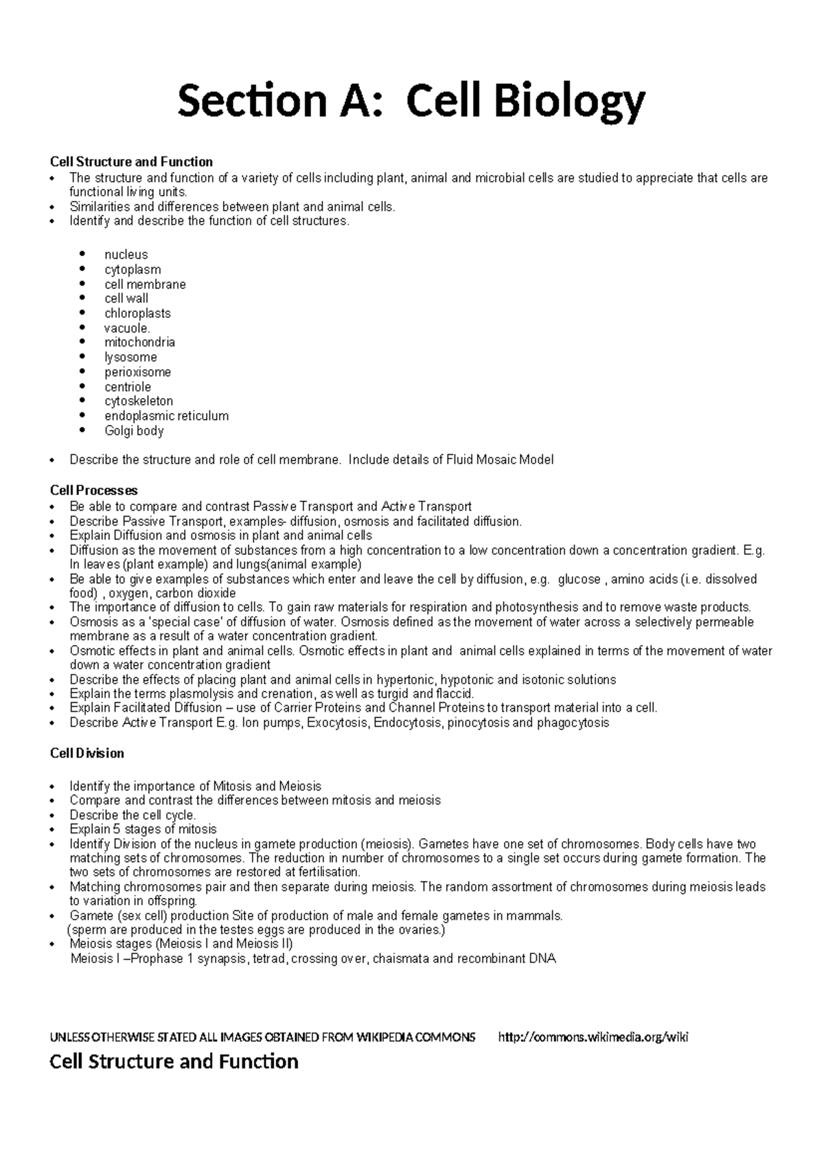 Section A Cell Biology Notes DM Wiki v2 - Section A: Cell Biology Cell ...