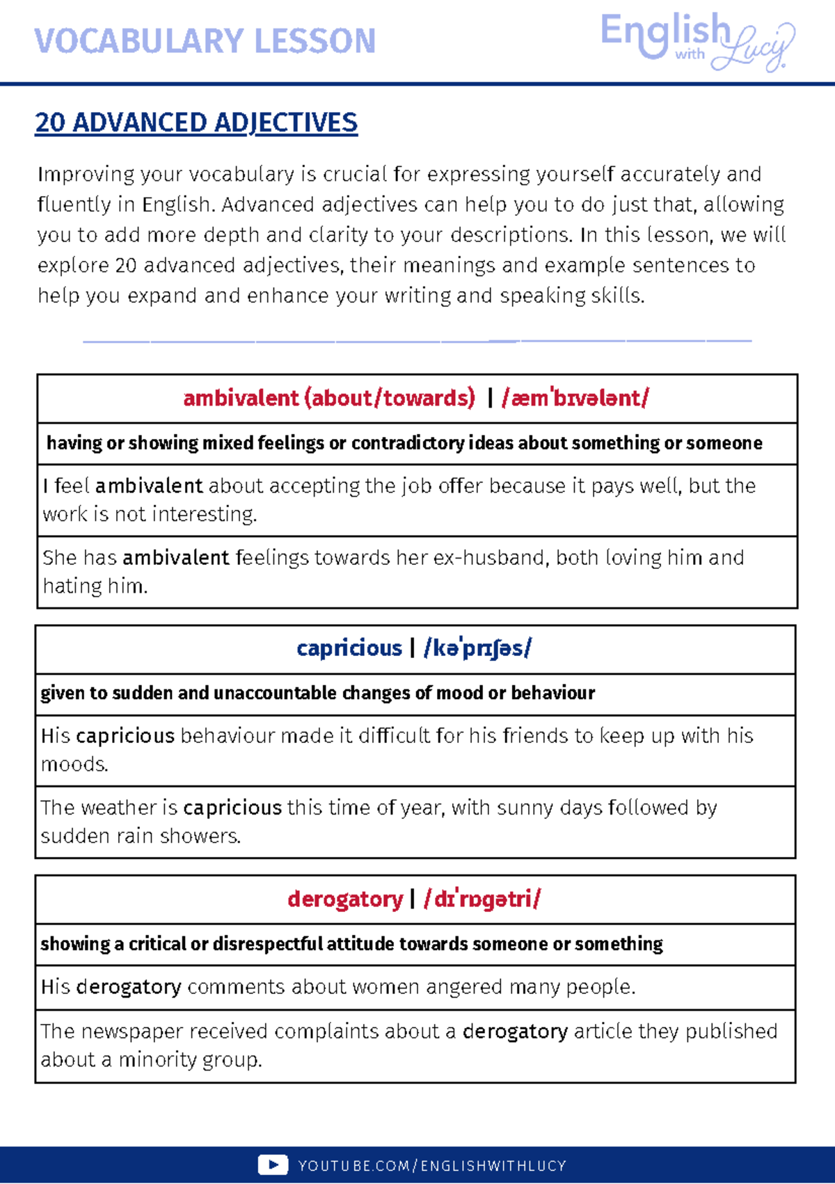103. 20 Advanced Adjectives - © 20 ADVANCED ADJECTIVES Improving your ...