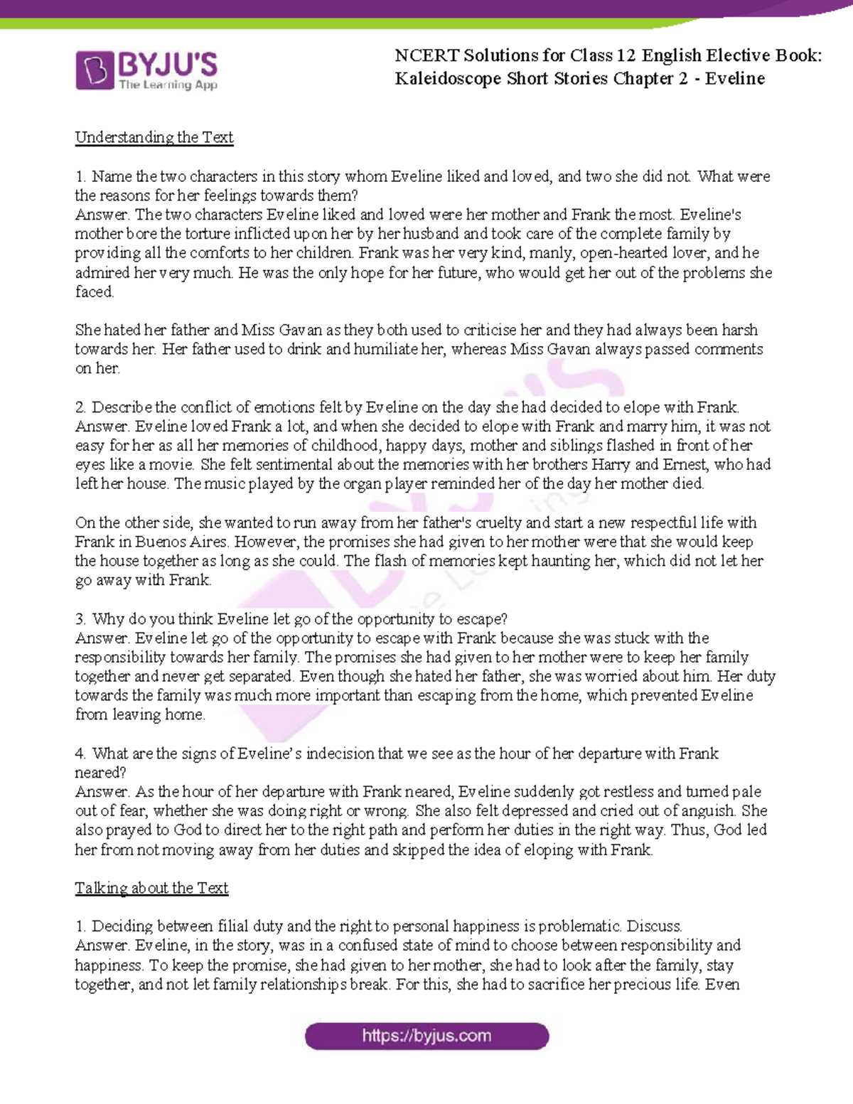 Ncert Solutions for Class 12 English Short Stories Chapter 2 Eveline ...
