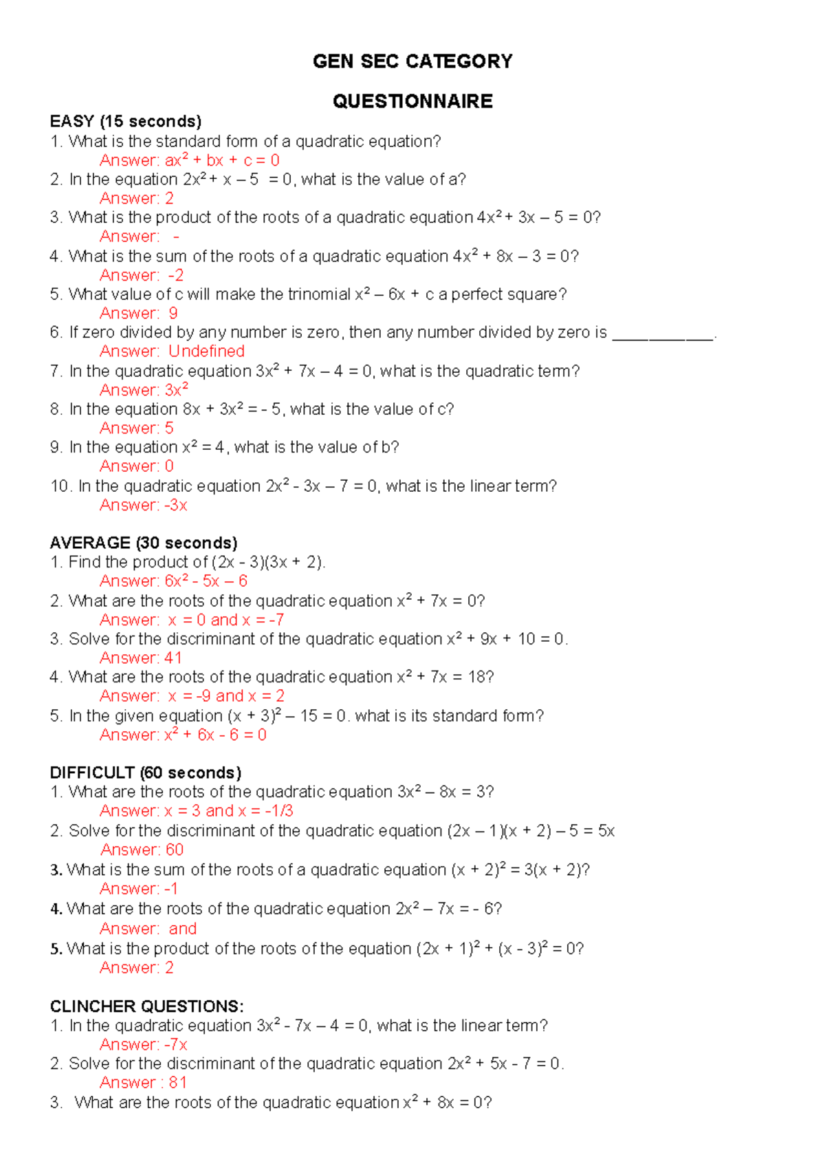 GEN SEC Category Questions - GEN SEC CATEGORY QUESTIONNAIRE EASY (15 ...