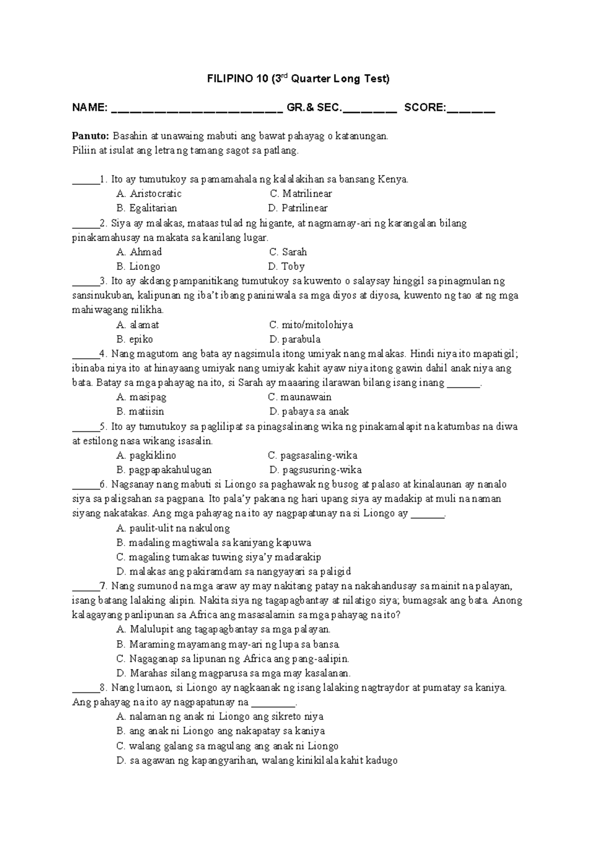 PT G10 ESP - Exam - FILIPINO 10 (3rd Quarter Long Test) NAME