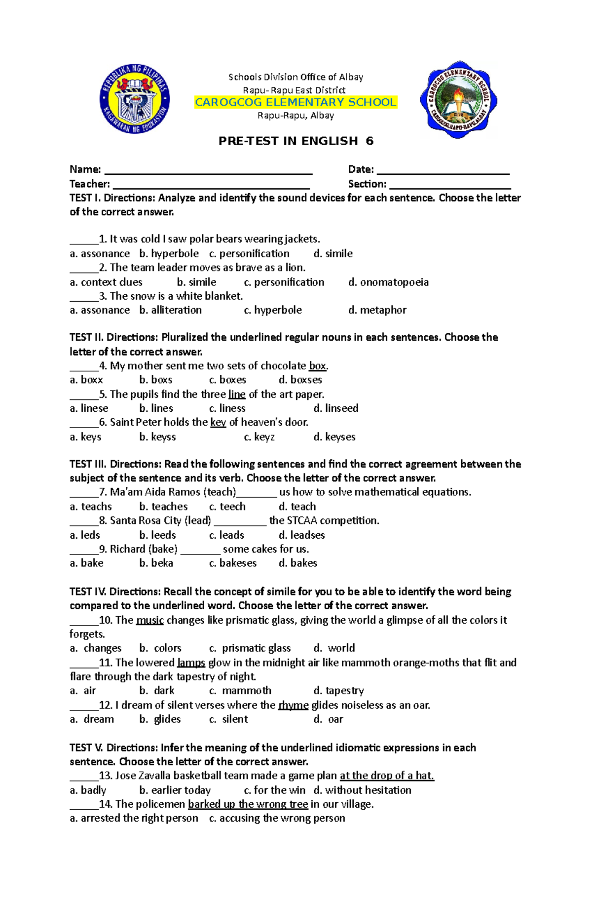 PRE-TEST English 6 - as a study or practice material for active ...