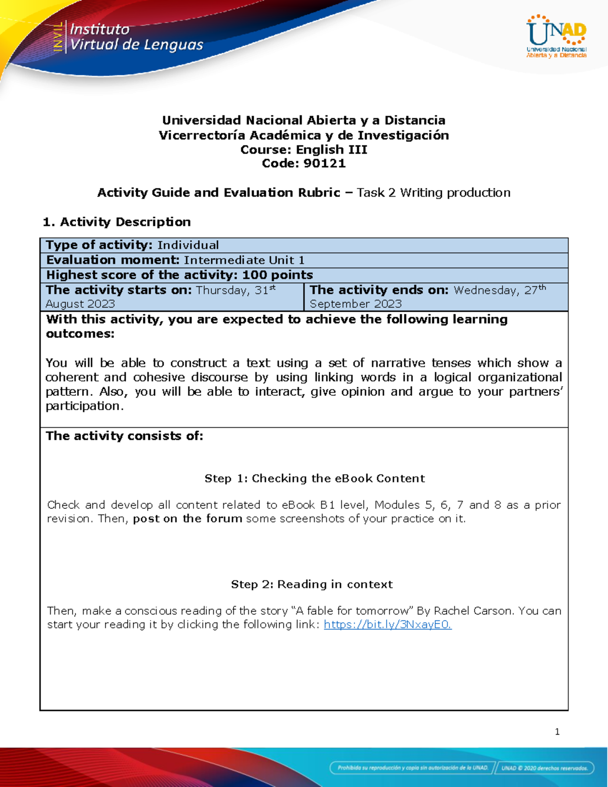 Activity guide and Evaluation Rubric - Unit 1 - Task 2 - Writing ...