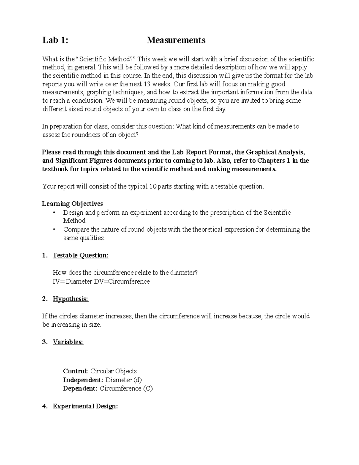 PHY111L Lab 1 Measurements - Lab 1: Measurements What is the “Scientific Method?” This week we ...