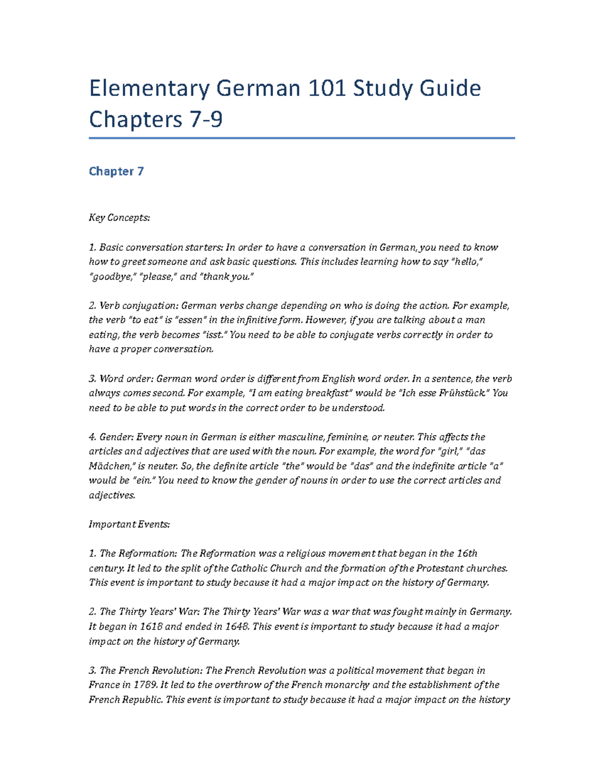 Elementary German 101 Study Guide Chapters 7-9 - Elementary German 101 ...