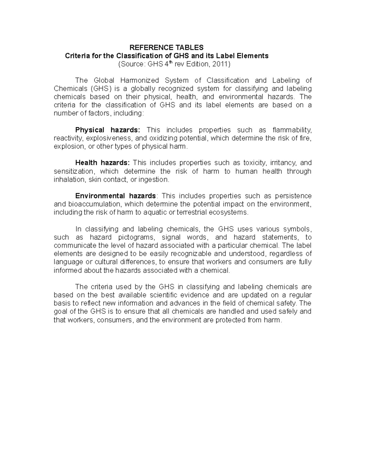 Criteria for the Classification of GHS and its Label Elements ...