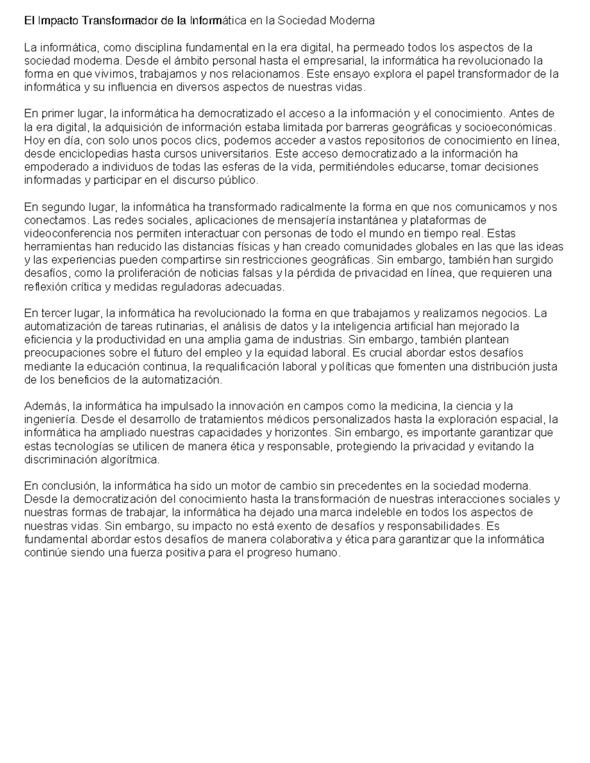 Ensayo - El Impacto Transformador de la Informática en la Sociedad ...