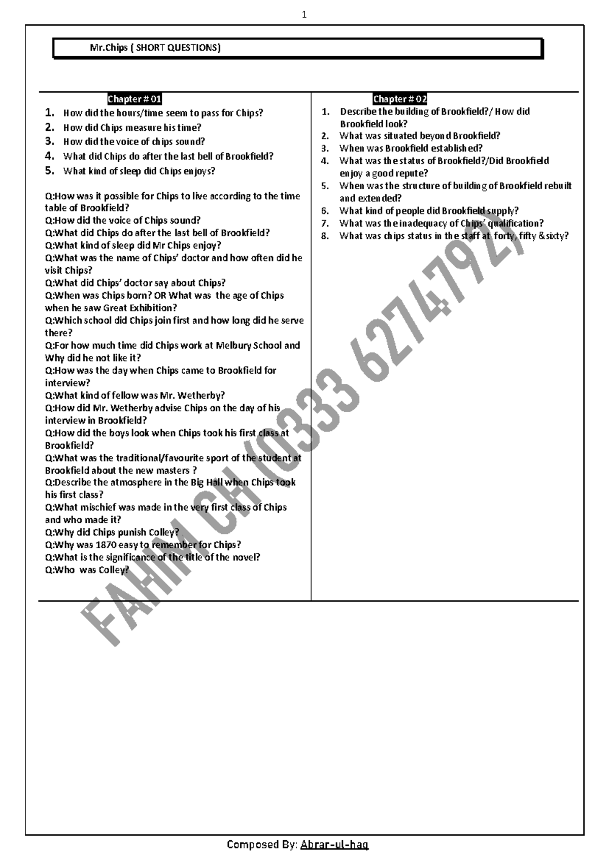 (Fahim Ch)-Good Bye Mr.Chips - Mr ( SHORT QUESTIONS) Chapter # 01 1 ...
