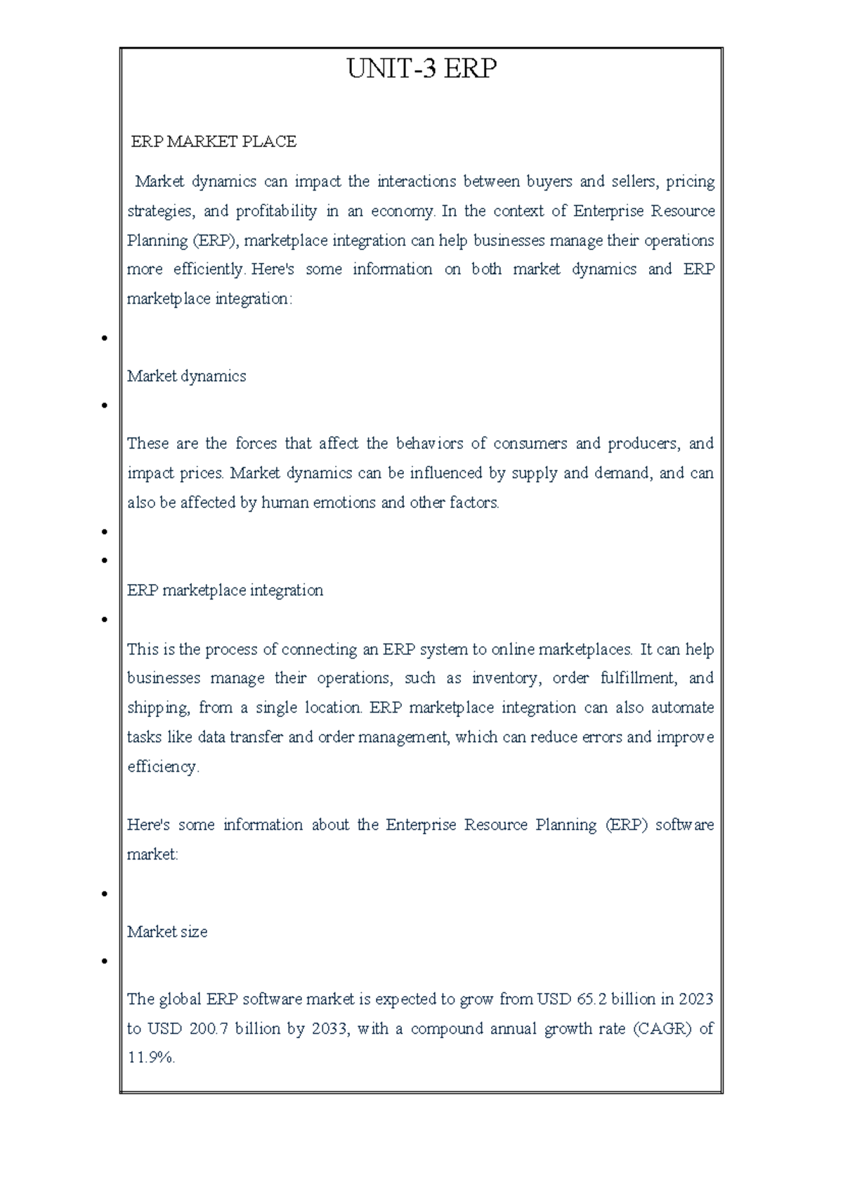 UNIT-3 ERP - ERP 3RD UNIT NOTES - ERP MARKET PLACE Market dynamics can ...