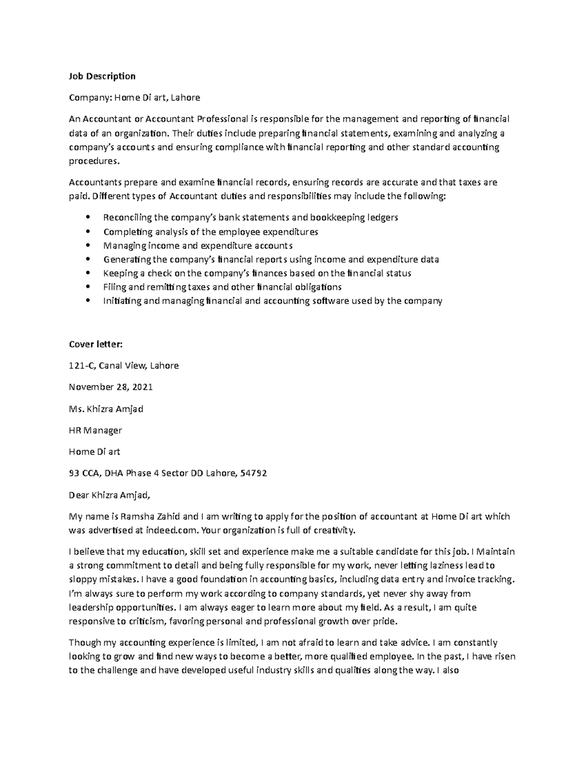 Job description and Cover letter assignment - Job Description Company ...