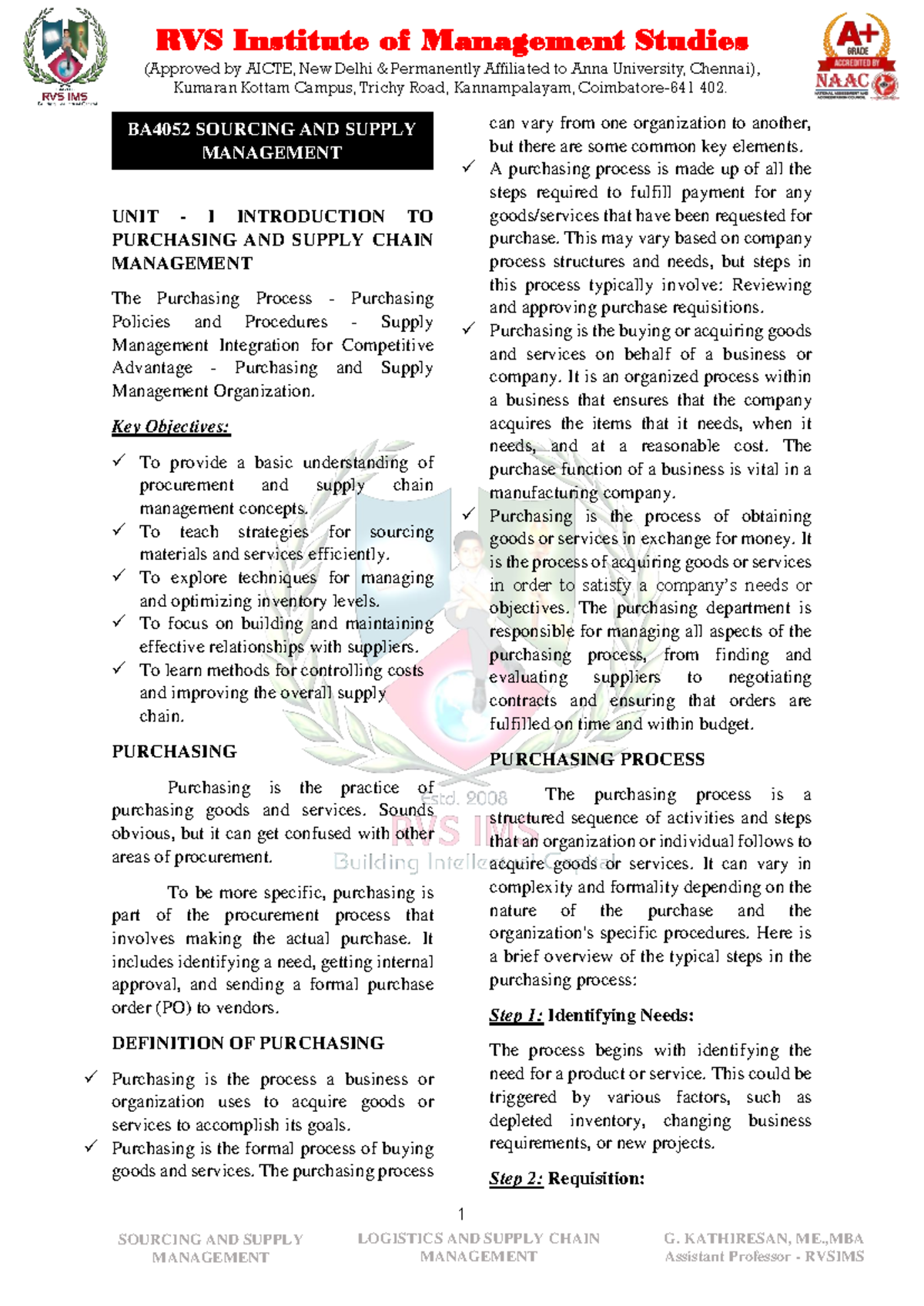 SSM BOOK U1 - SOUCING AND SUPPLY MANAGEMENT - 1 (Approved by AICTE, New ...