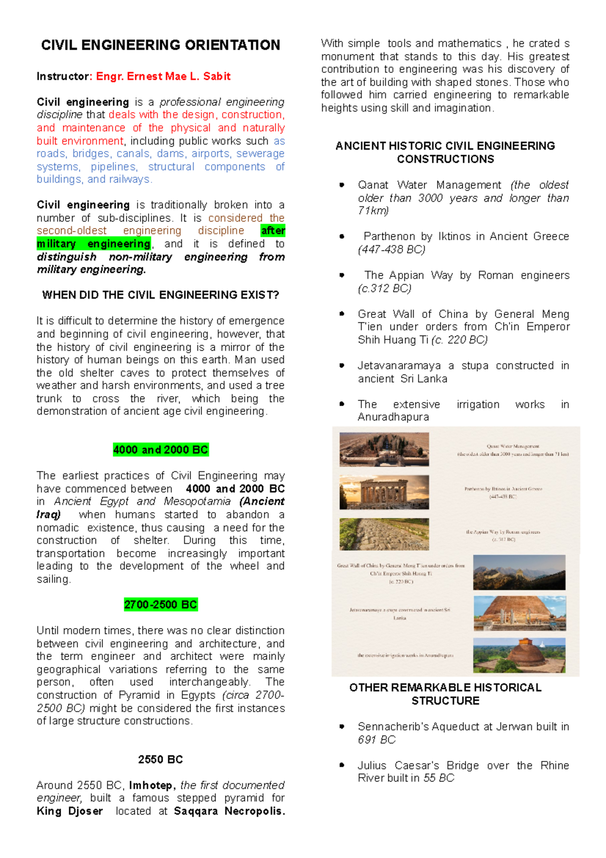 Lesson 1, 3 and 4 - CE111 - CIVIL ENGINEERING ORIENTATION Instructor ...