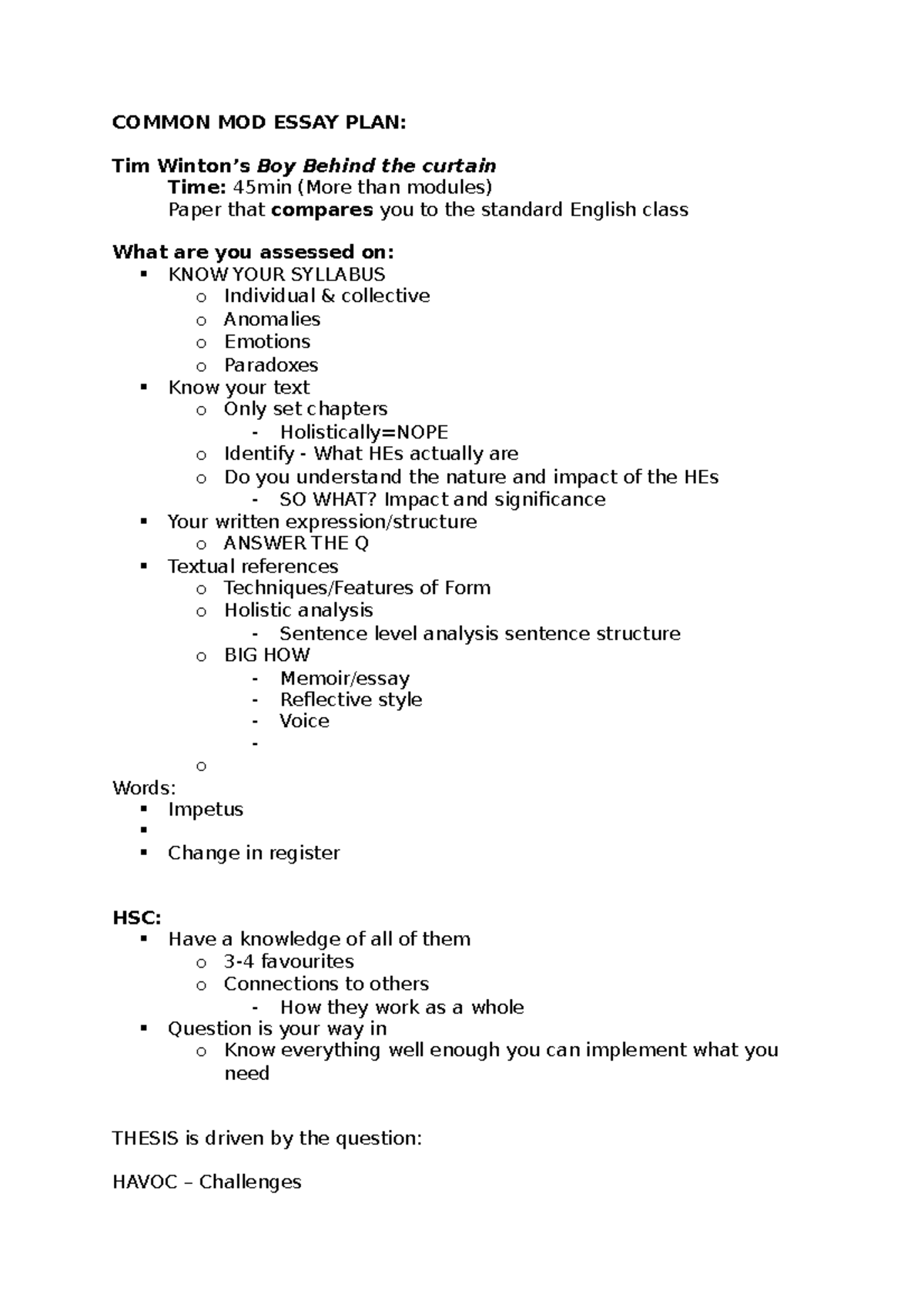Common MOD Essay Structure - COMMON MOD ESSAY PLAN: Tim Boy Behind the ...