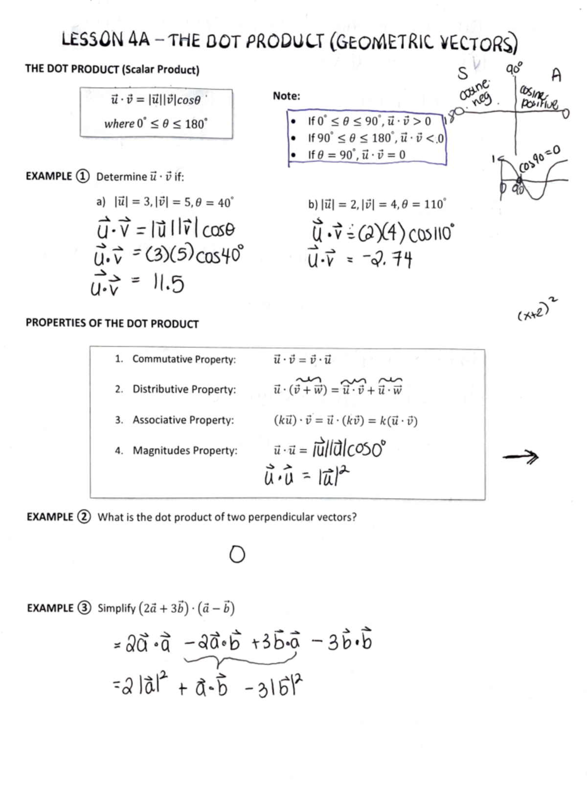 Lesson 4A - The Dot Product (Geometric) Solutions - L£550N 4A - 'THE ...
