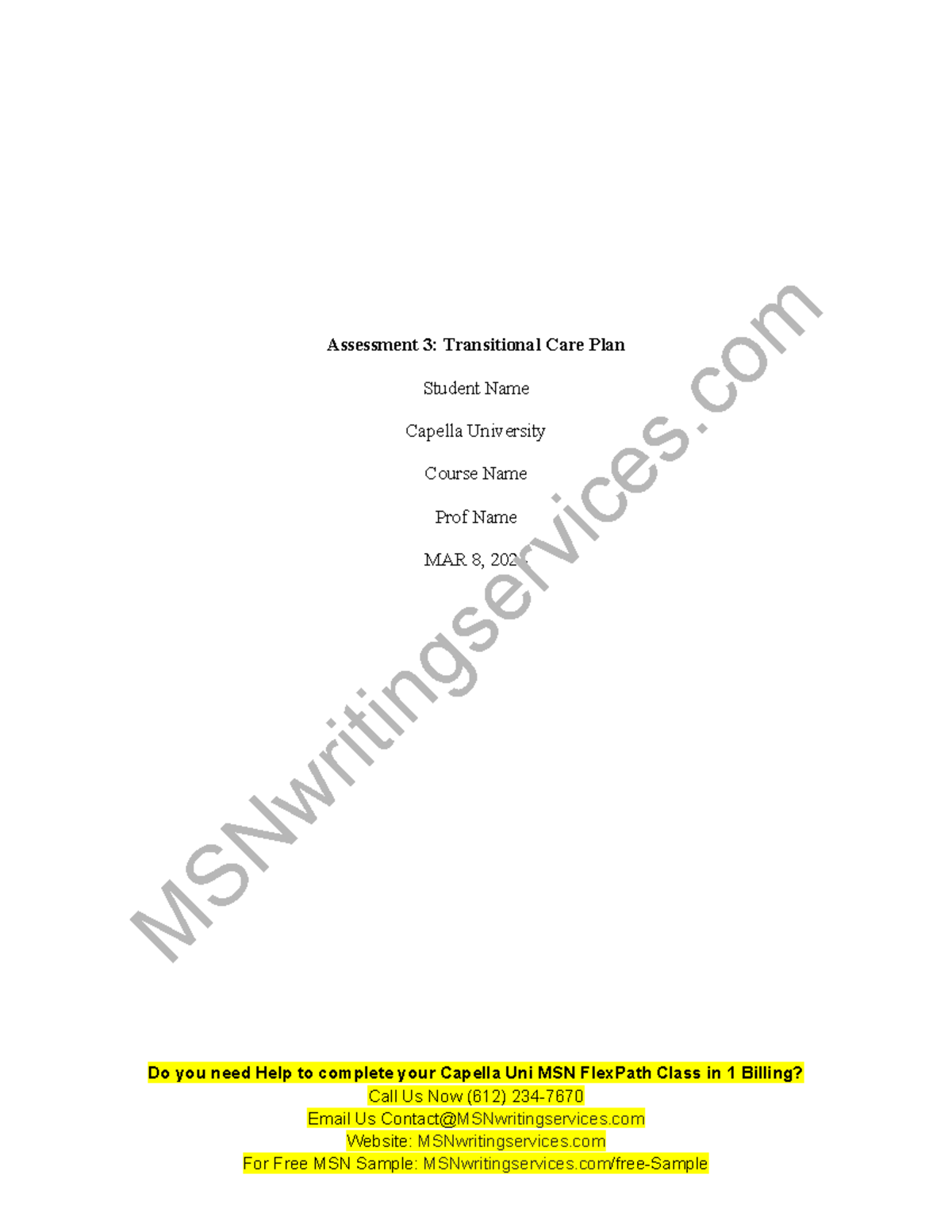 NURS FPX 6610 Assessment 3 Transitional Care Plan - Assessment 3 ...