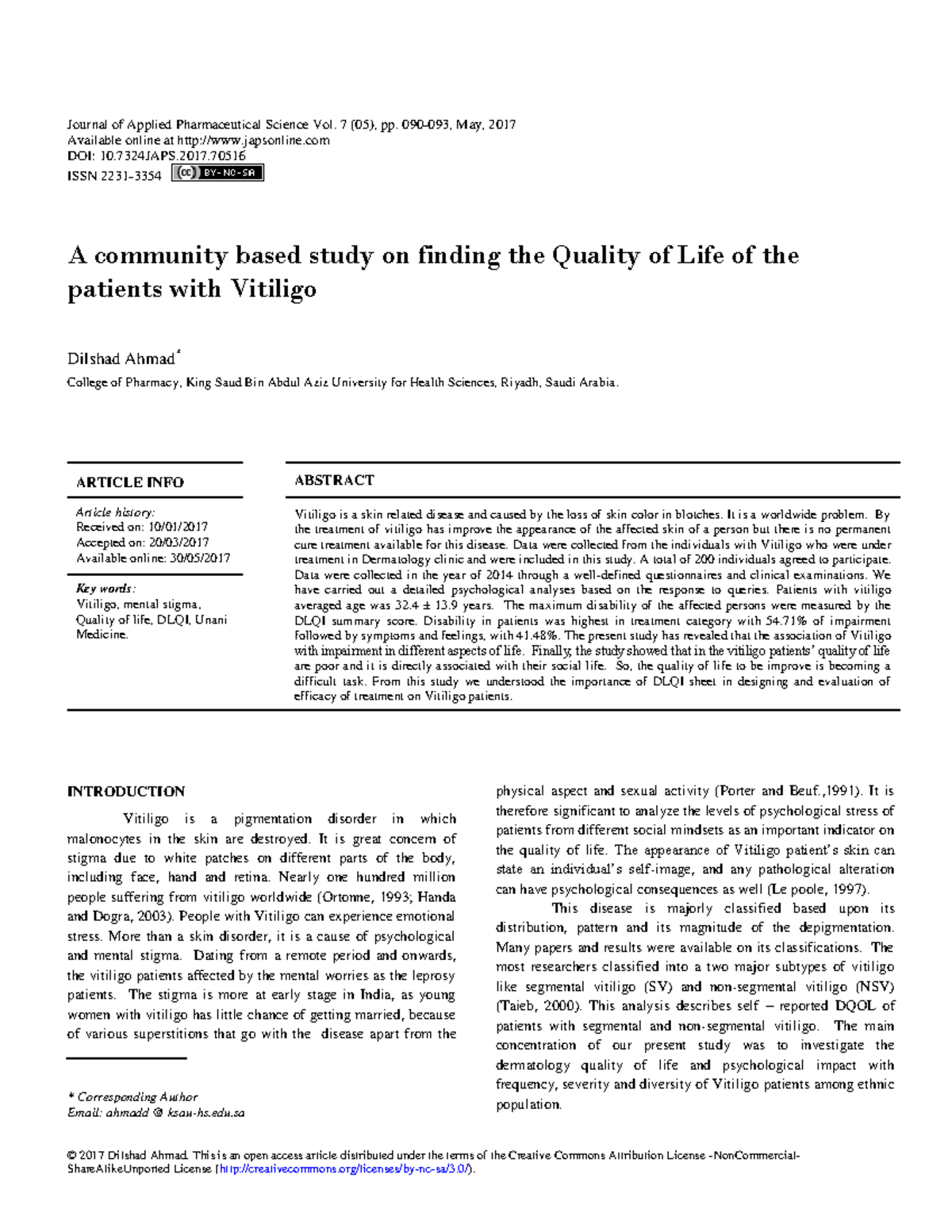 Comunity based study the qualty if life inn vitiligo - © 2017 Dilshad ...