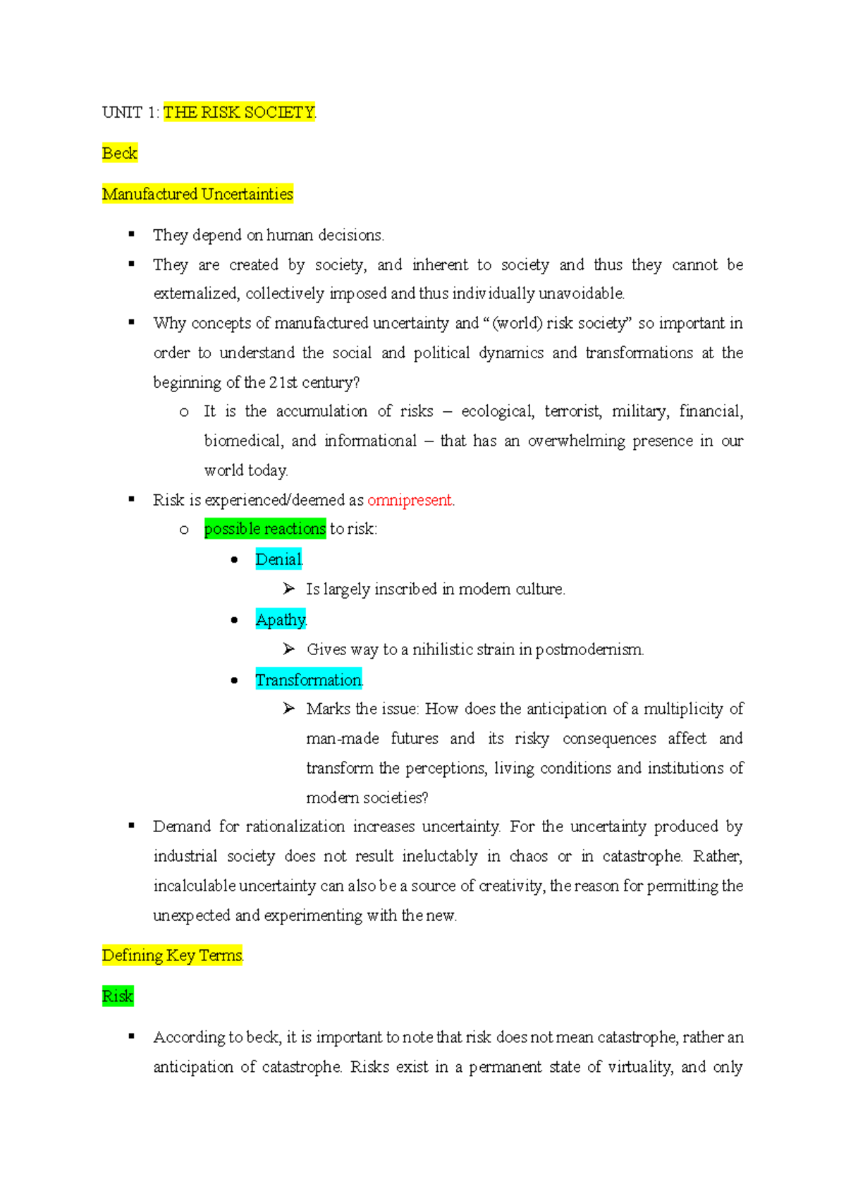 KRM 320 Section UNIT 1 - summary for chapter 1 - UNIT 1: THE RISK SOCIETY. Beck Manufactured ...