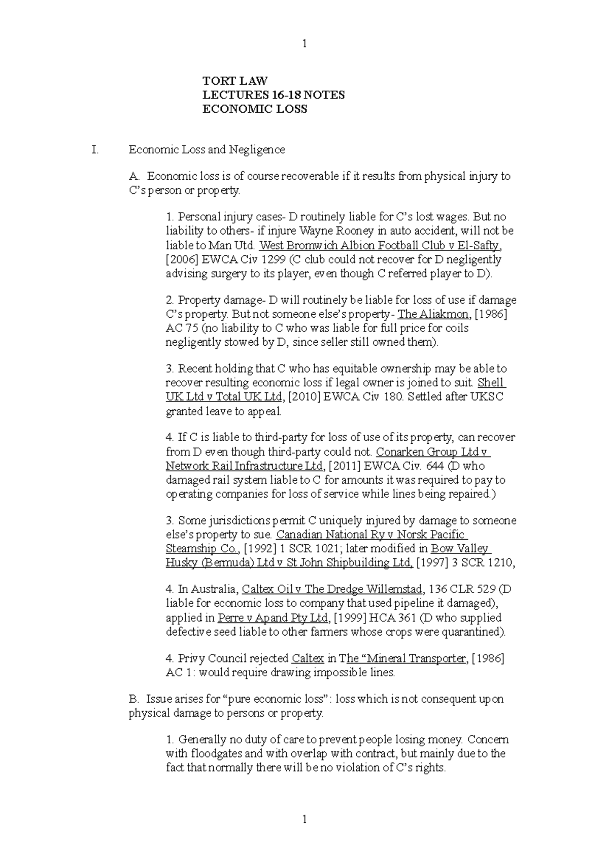 Lecture 16-18 Notes - TORT LAW LECTURES 16-18 NOTES ECONOMIC LOSS I ...