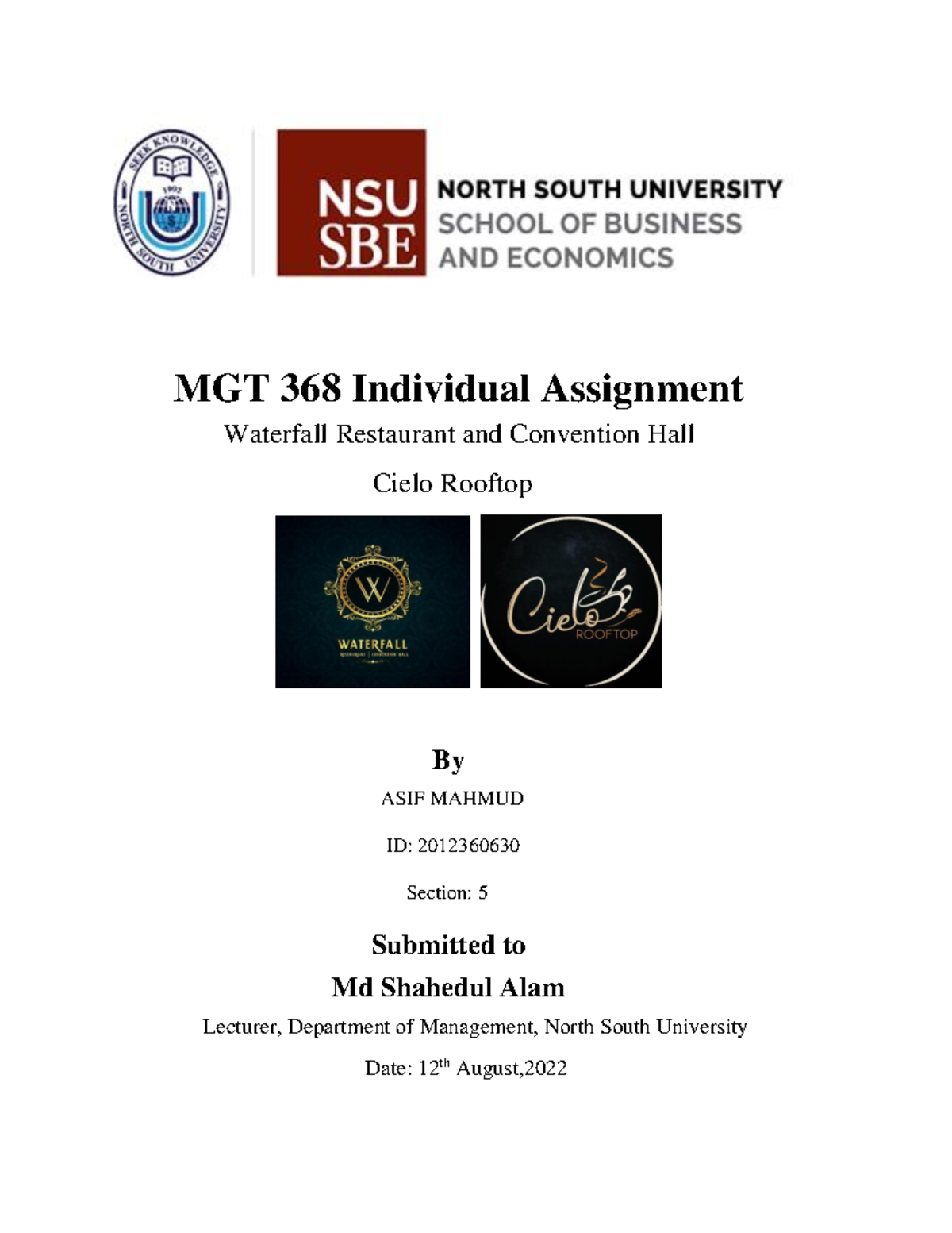 MGT 368 Individual Assignment - MGT 368 Individual Assignment Waterfall Restaurant and ...