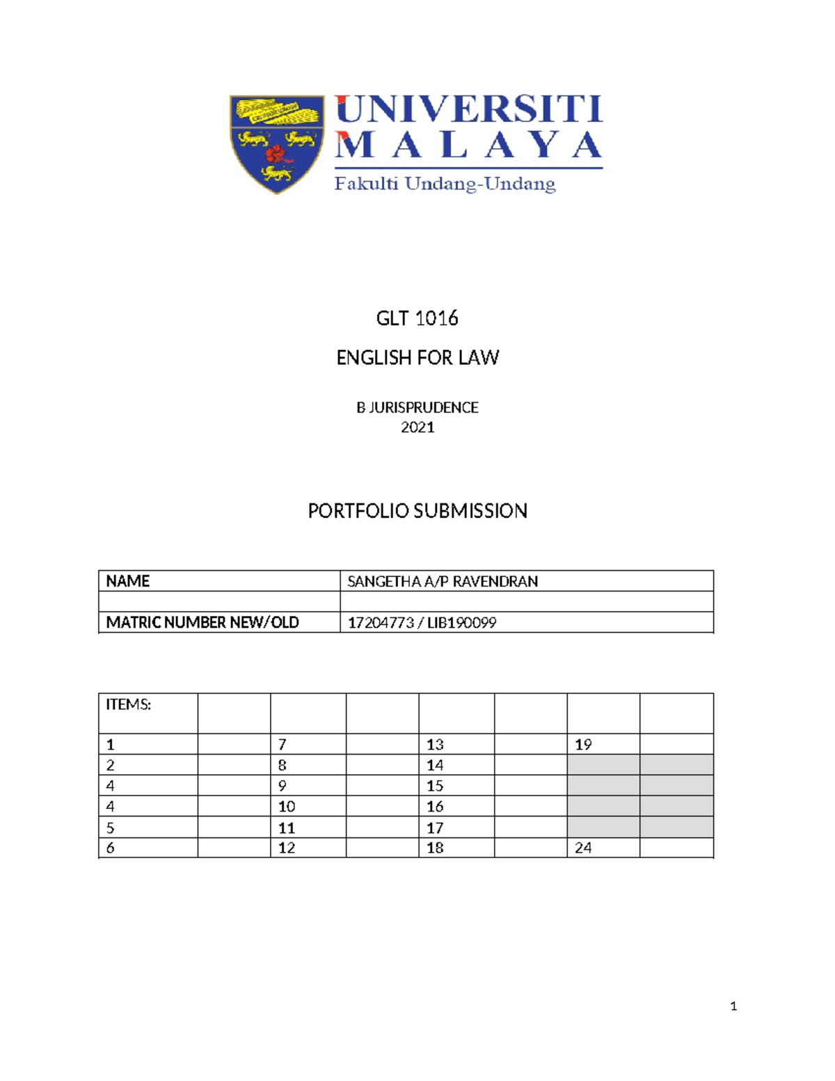 Portfolio English For Law - GLT 1016 ENGLISH FOR LAW B JURISPRUDENCE ...