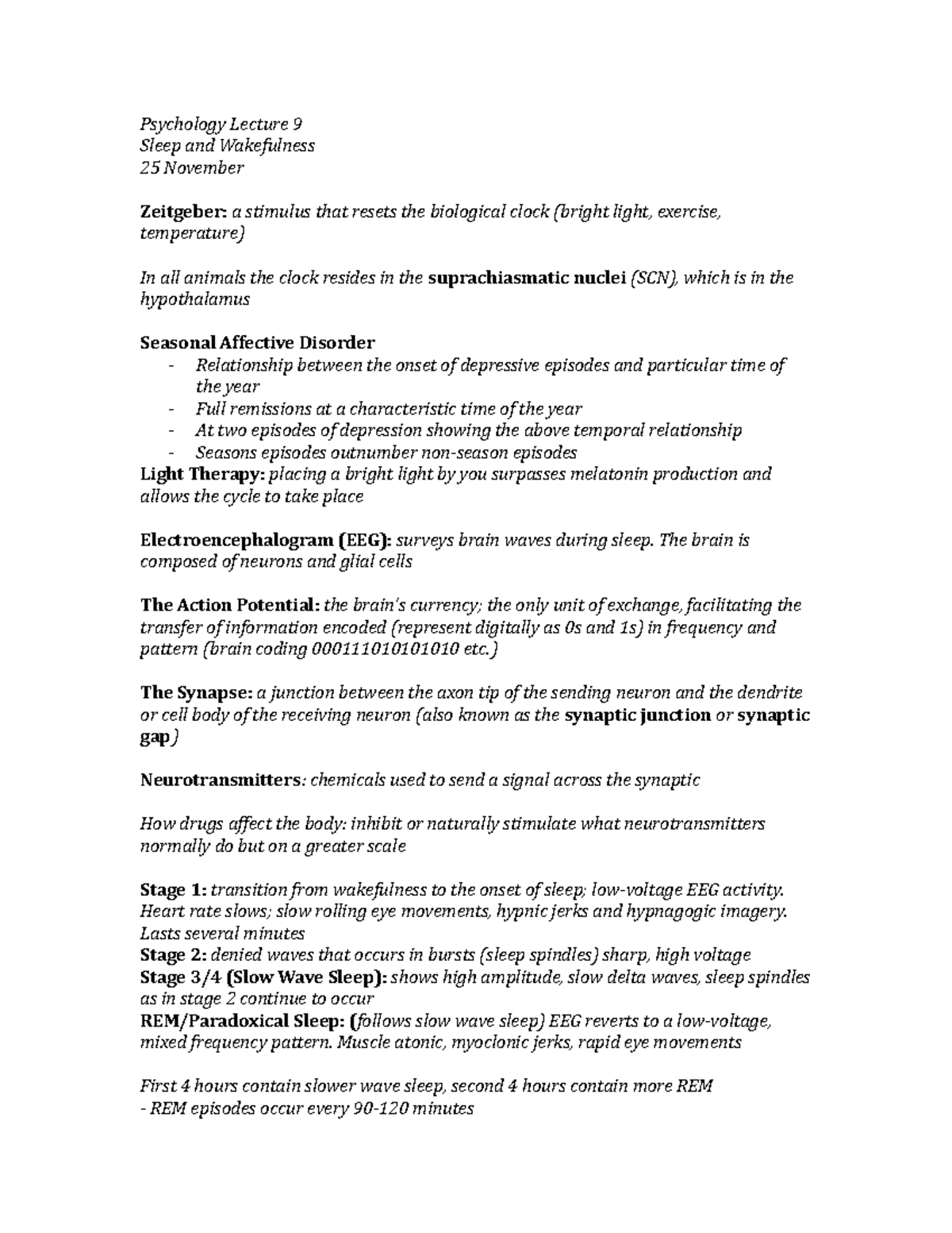 Psychology Lecture 9 - Prof. Neil Fournier - Psychology Lecture 9 Sleep ...