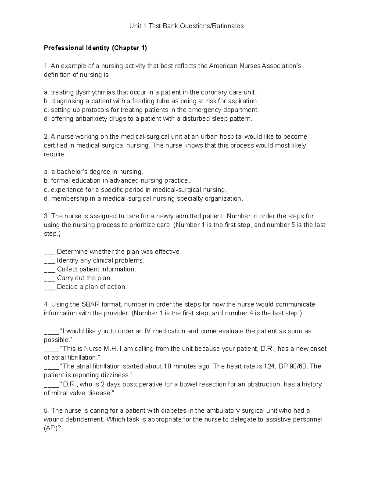 Unit 1 Test Banks - Test Bank Questions - Professional Identity ...