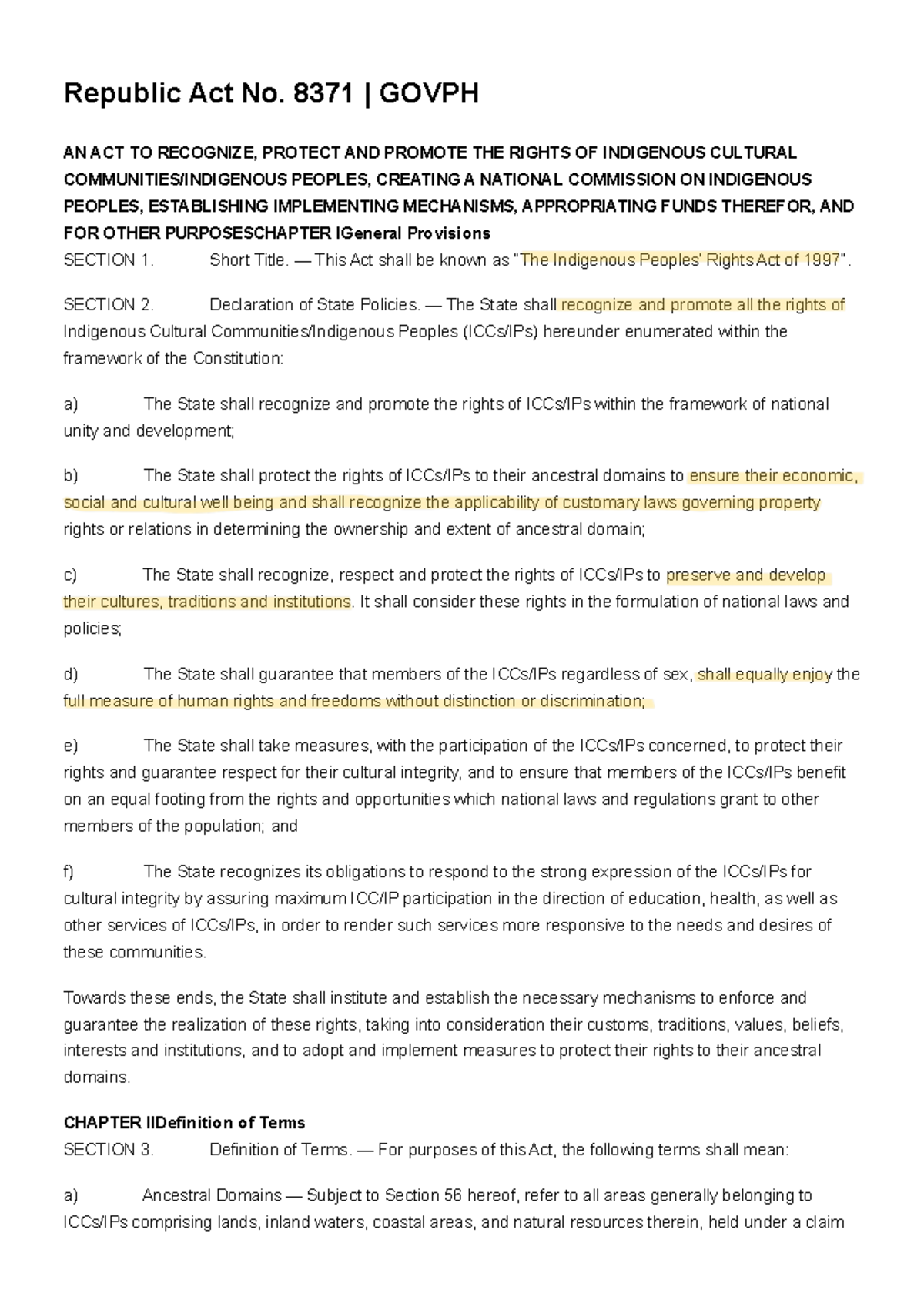 Phi13930 - IPRA law - Republic Act No. 8371 | GOVPH AN ACT TO RECOGNIZE ...