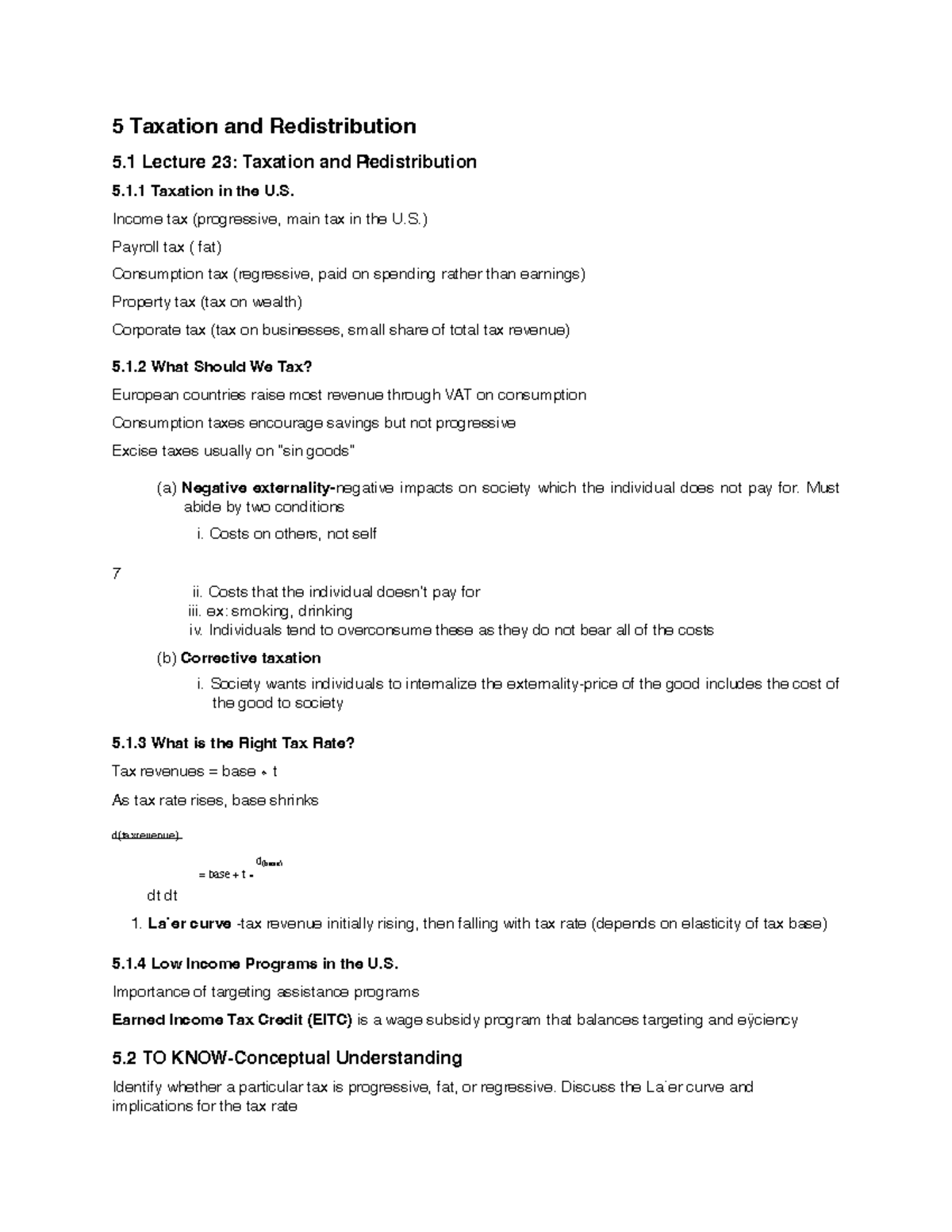 Eco 5 Unit 5 Economics Lecture Notes 5 Taxation And Redistribution 5 Lecture 23 Taxation 