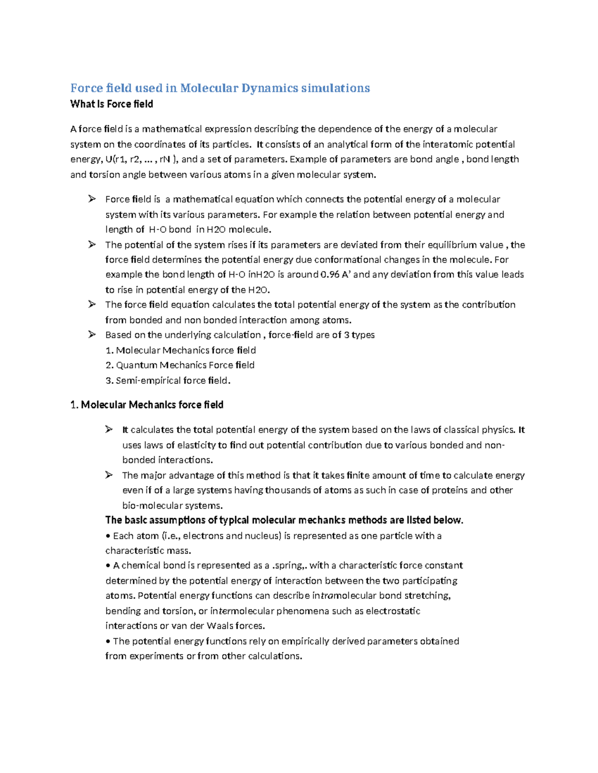 Force field used in MD simulation - Force field used in Molecular ...