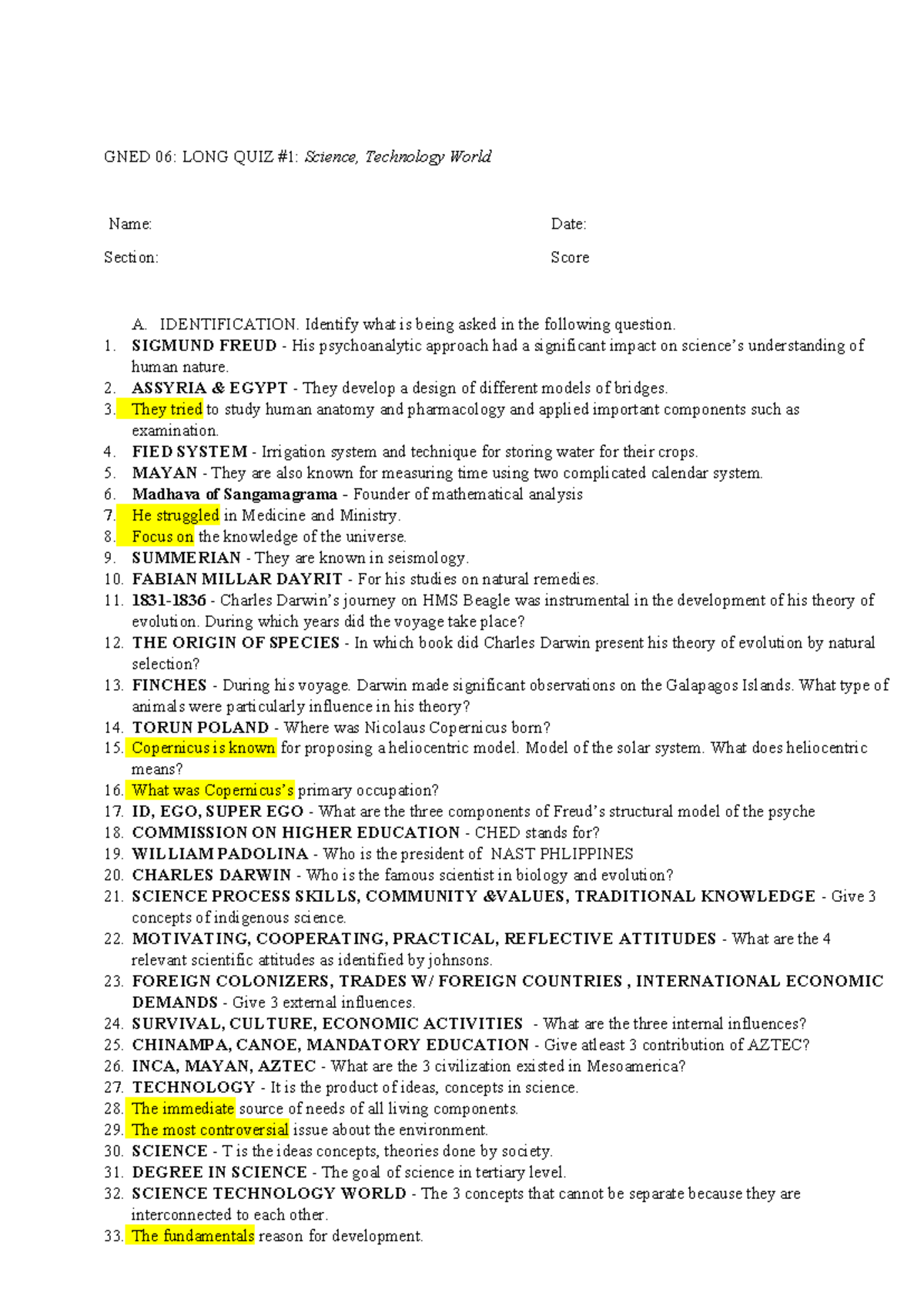 Aaaaaaa - review - GNED 06: LONG QUIZ #1: Science, Technology World ...