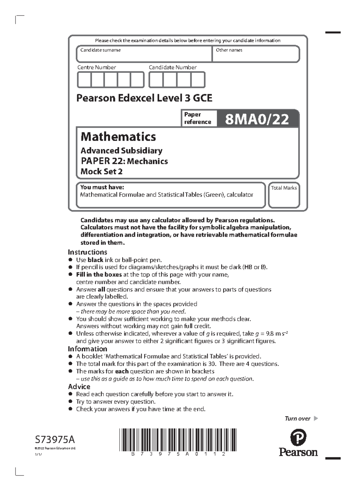 0s2 8MA0-22 Mechanics - Mock set 2 (pdf) - Centre Number Candidate ...