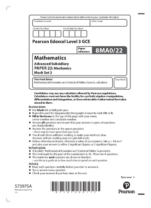 0s2 8MA0-21 Statistics - Mock set 2 mark scheme (pdf) - Mark Scheme Mock Set 2 Pearson Edexcel ...